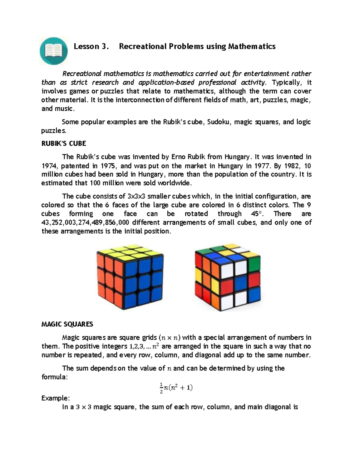 Lesson 3 Lesson 3 Lesson 3 Recreational Problems Using Mathematics 