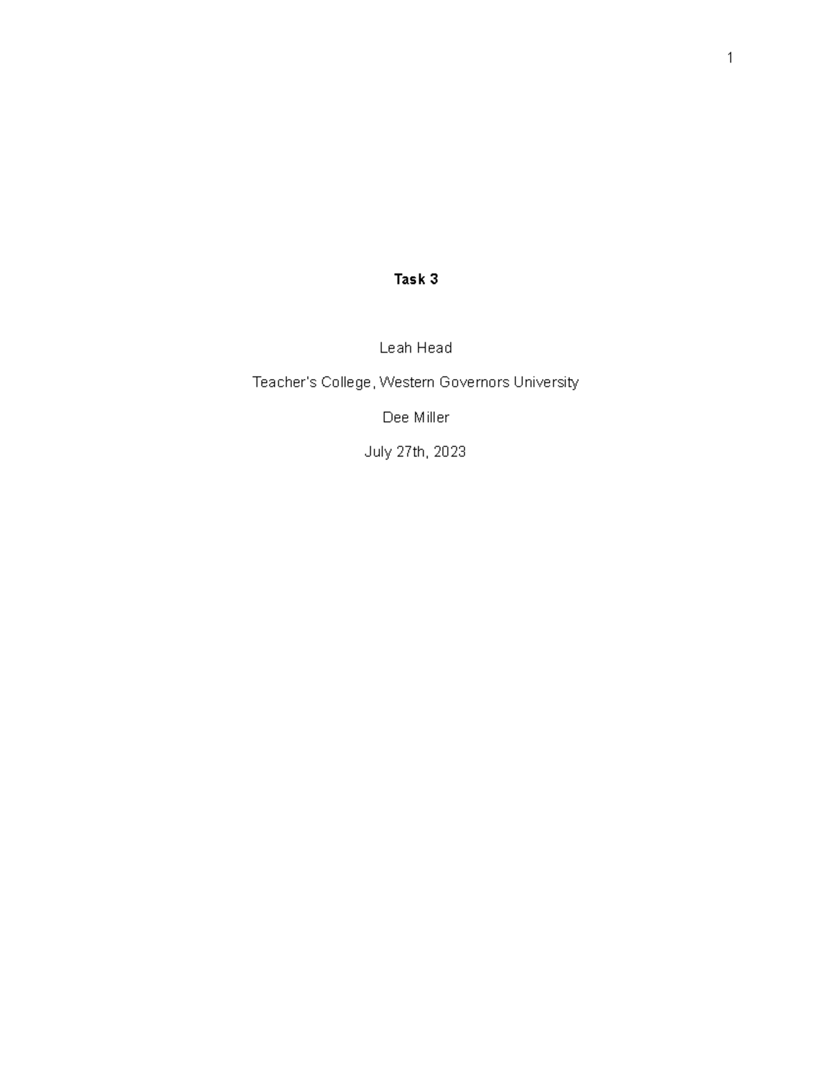 D020 Taks 3 - D020 Task 3 - Task 3 Leah Head Teacher’s College, Western ...