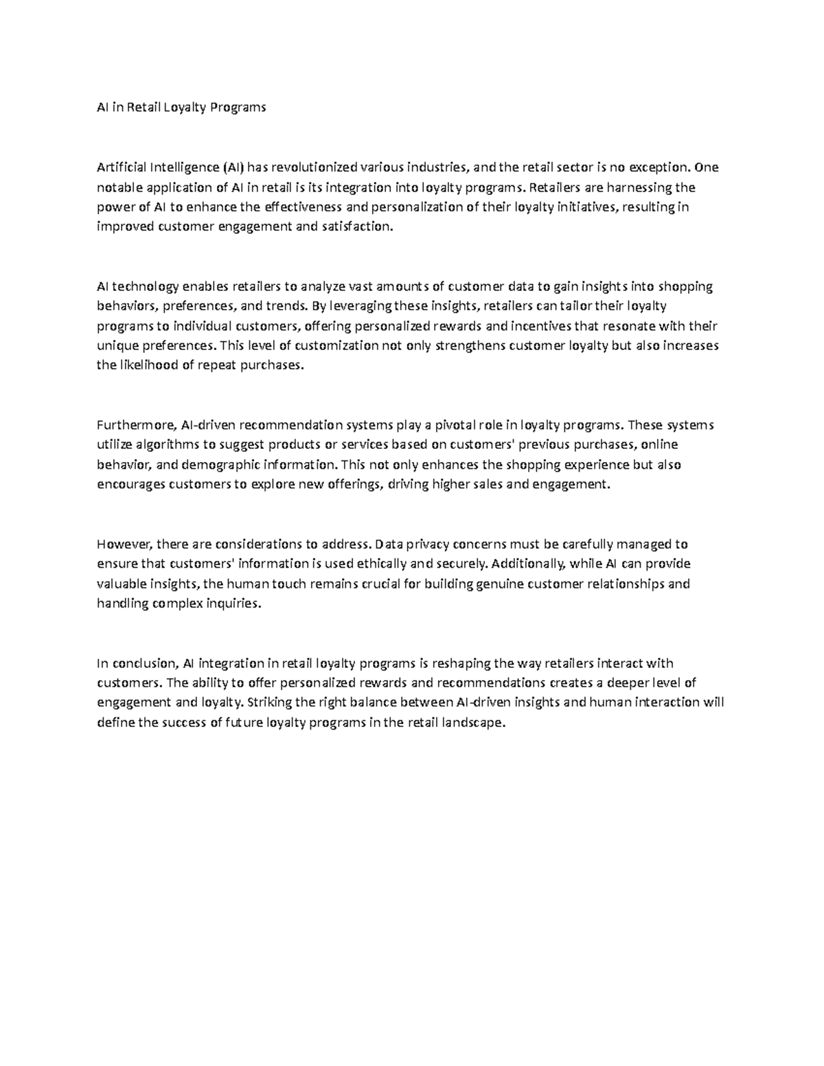 AI in Retail Loyalty Programs - AI in Retail Loyalty Programs Artificial Intelligence (AI) has ...