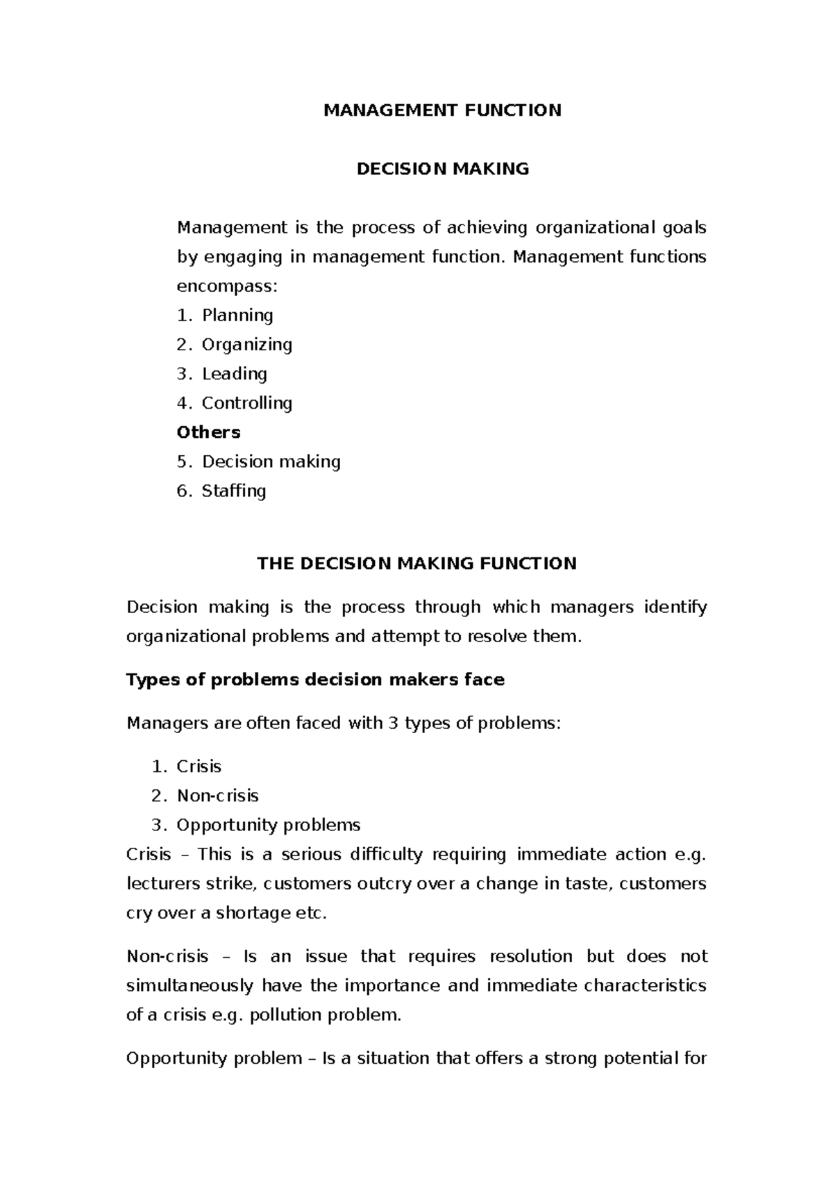 Management Functions - MANAGEMENT FUNCTION DECISION MAKING Management ...