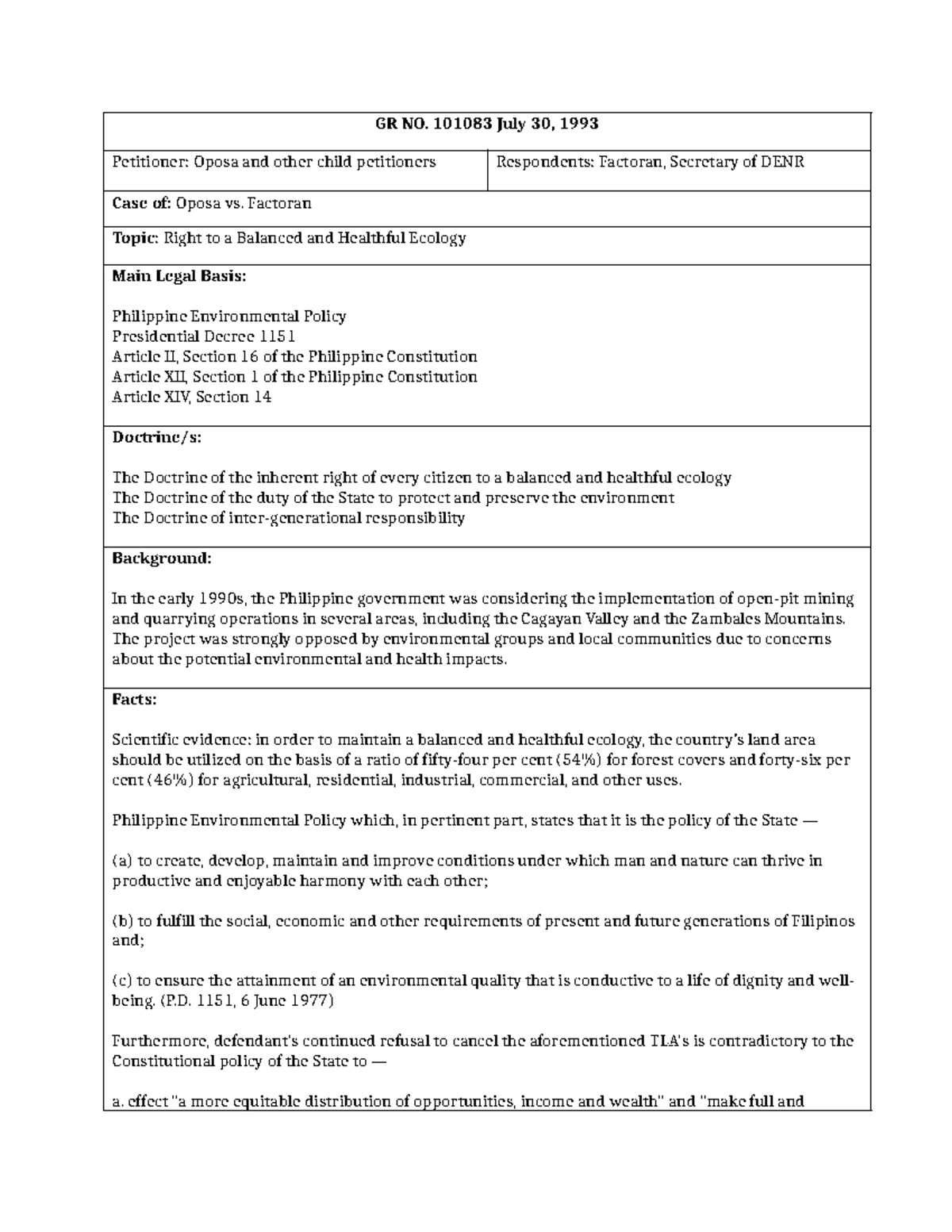 GR NO. 101083 the case of Oposa vs. Factoran - GR NO. 101083 July 30 ...