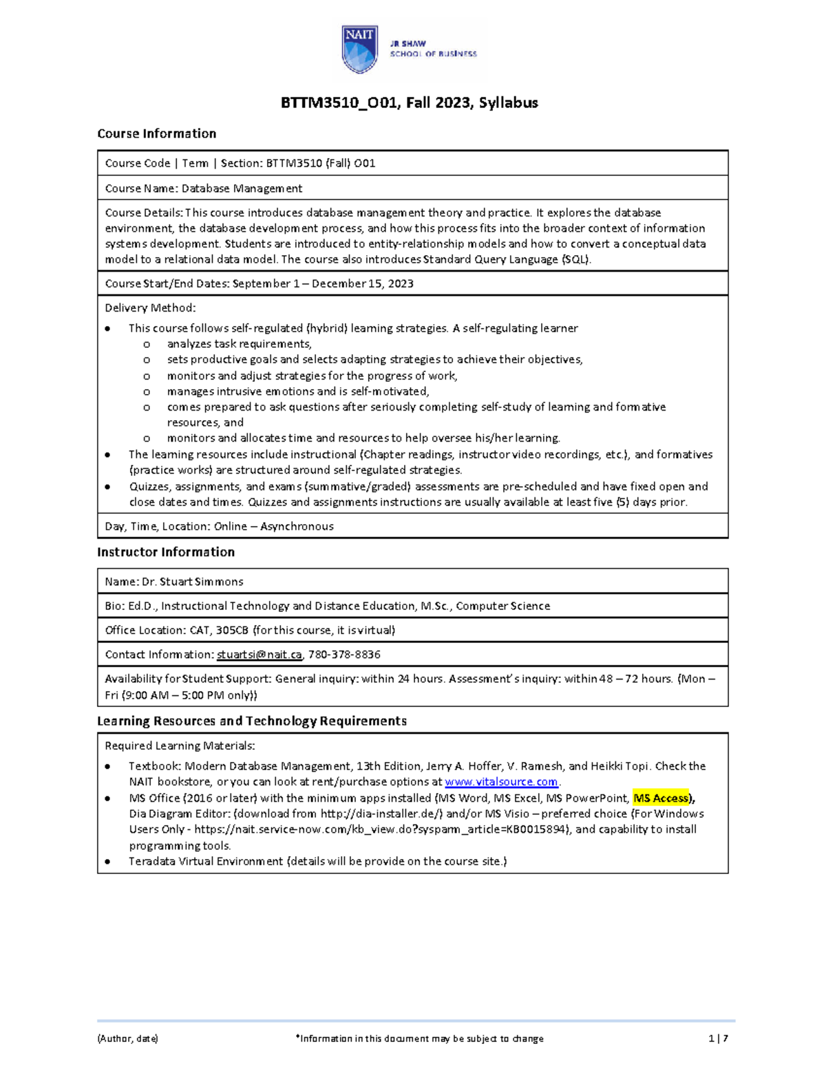 Syllabus (Database Management) - Course Information Course Code | Term ...