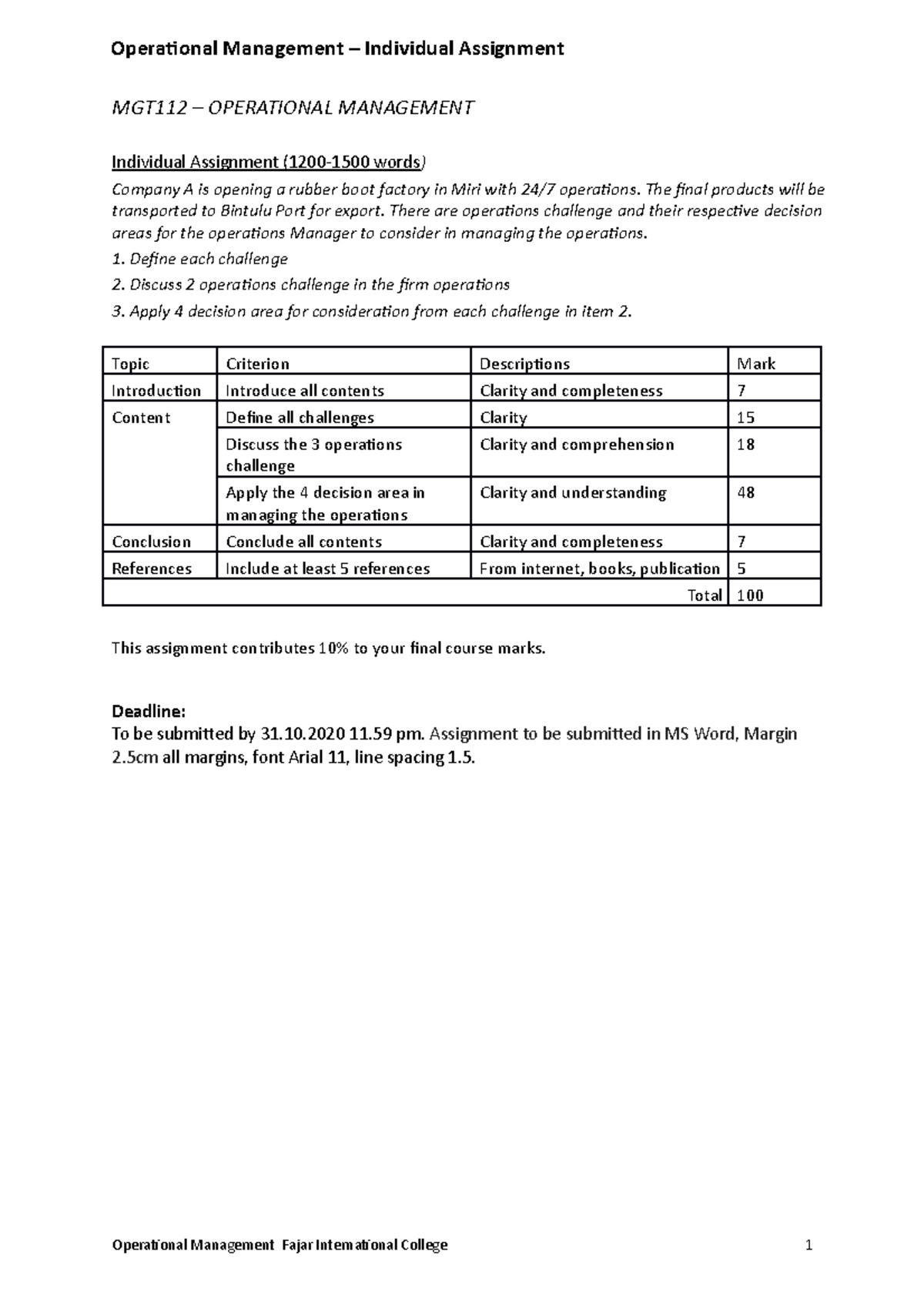 SEM 3 2020 Individual Assignment OPR MGT - MGT112 – OPERATIONAL ...