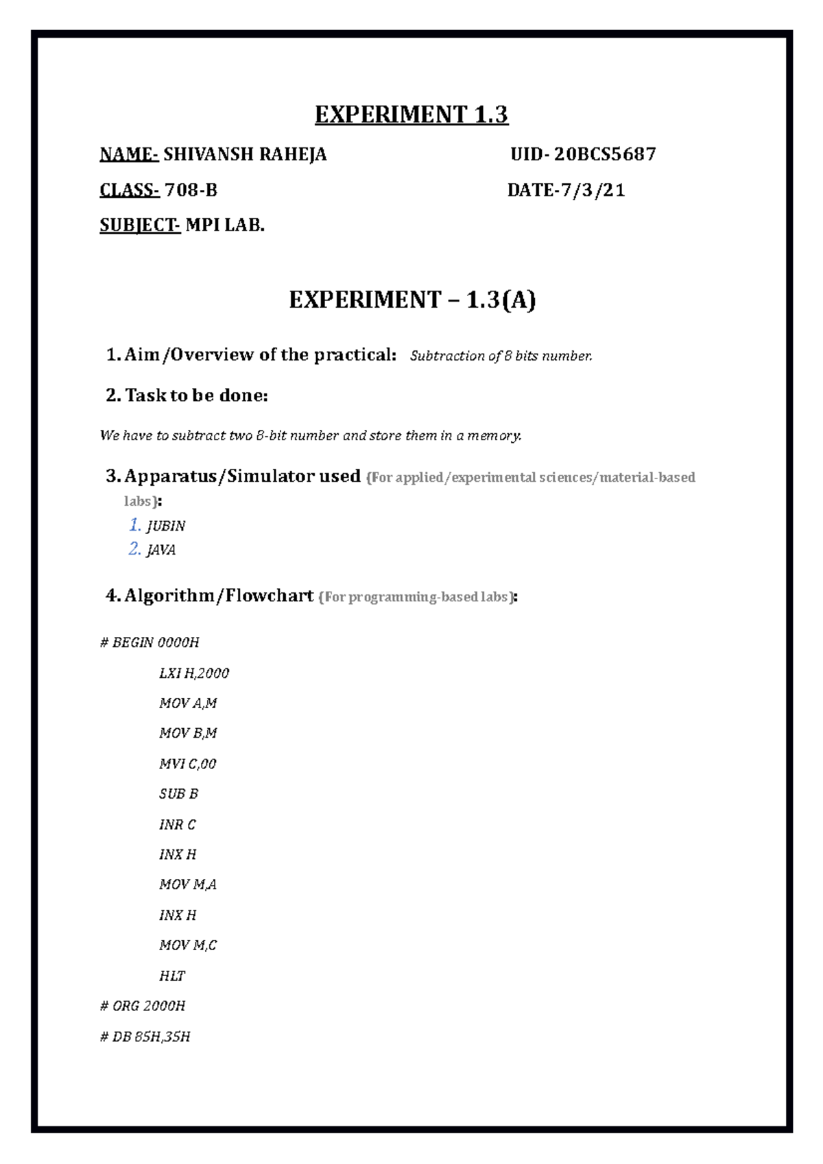 Experiment 1.3 MPI LAB - EXPERIMENT 1. NAME- SHIVANSH RAHEJA UID- 20BCS CLASS- 708-B DATE-7/3 ...