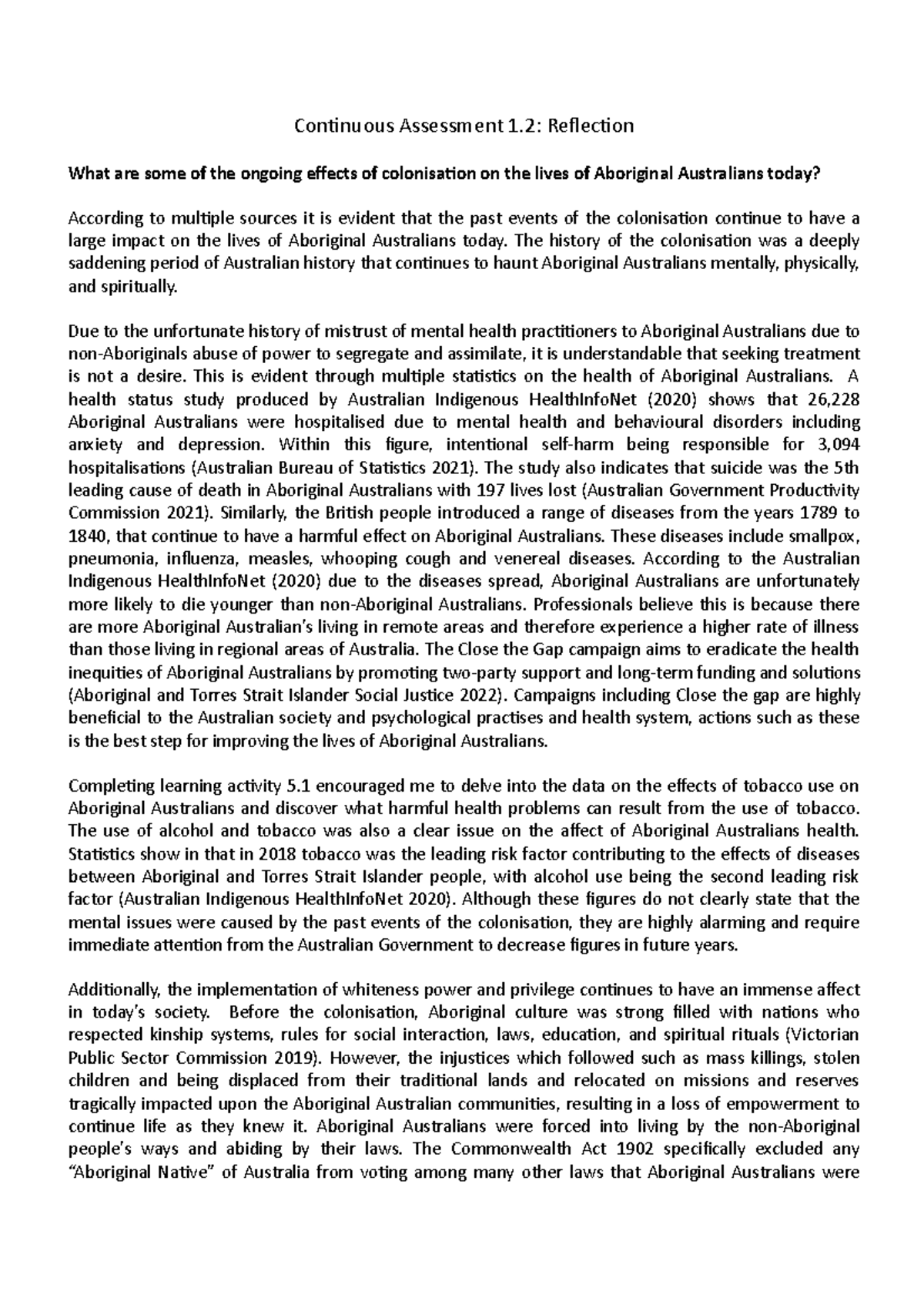 Aboriginal Australians Psychology - Continuous Assessment 1: Reflection ...
