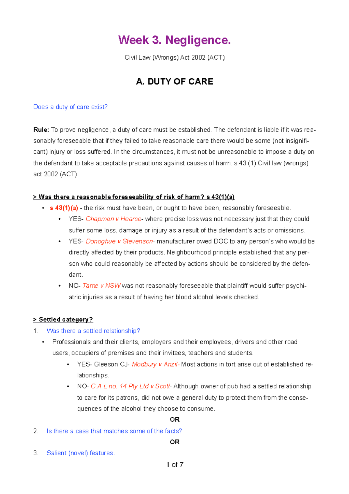 3 Negligence notes - summary of week 3 course material in full. - Week ...