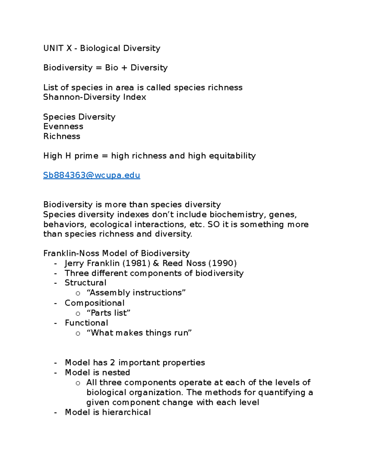 Exam 3 Ecology Notes - UNIT X - Biological Diversity Biodiversity = Bio ...