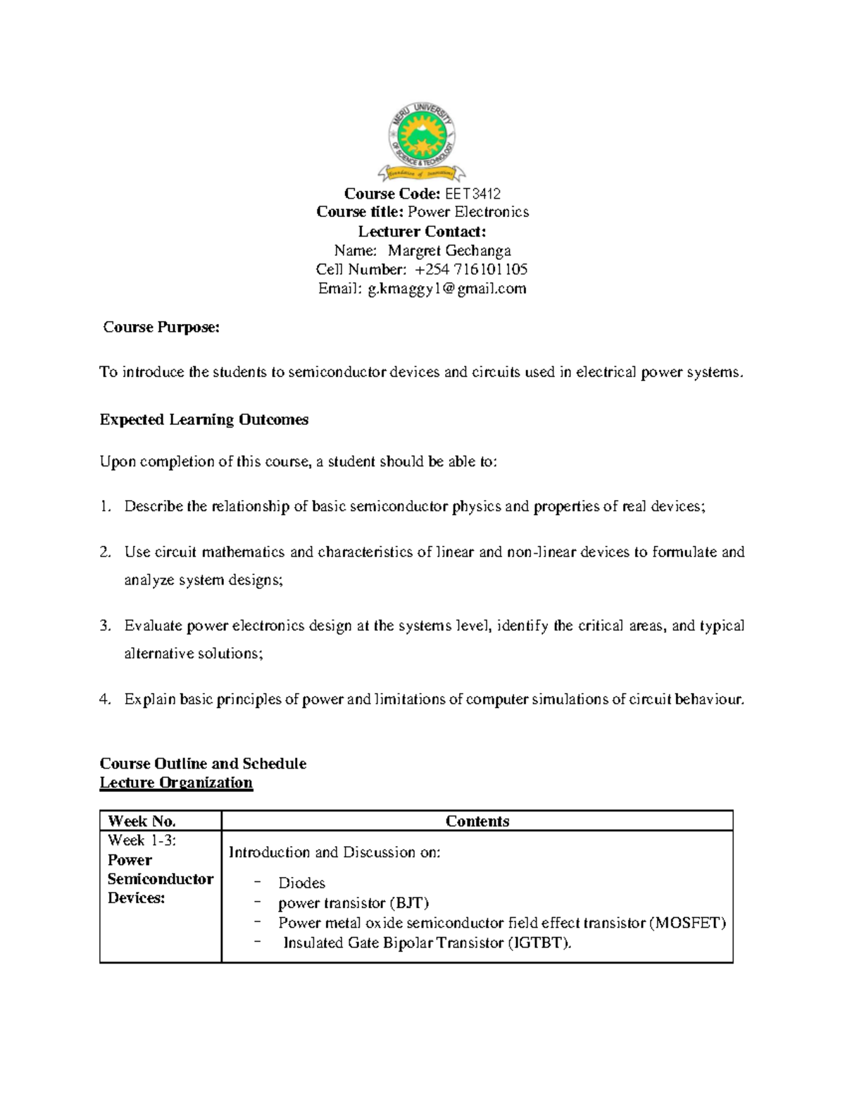 EET3412 Power Electronics Unit Plan - Course Code: EET 3412 Course ...