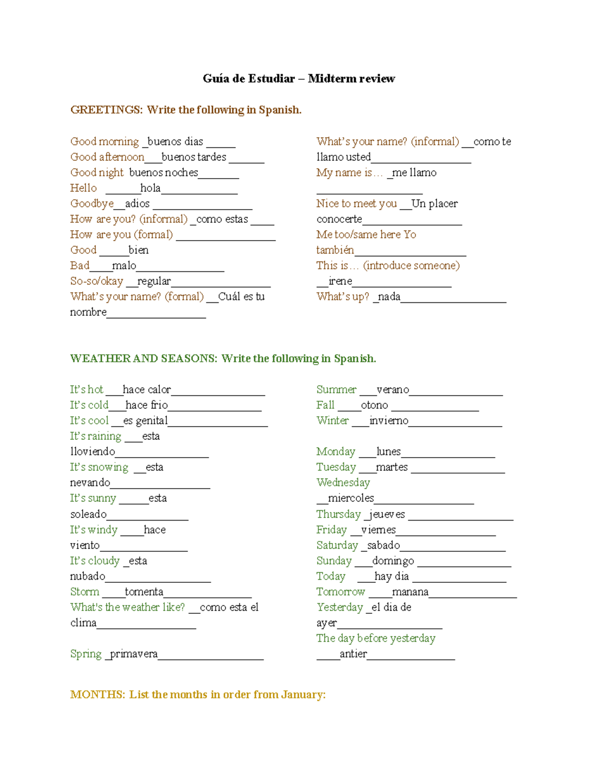 - Spanish 1 Study Guide - Guía de Estudiar – Midterm review GREETINGS ...