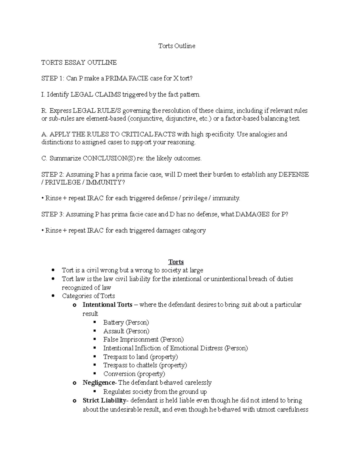 Torts Outline - Torts Outline TORTS ESSAY OUTLINE STEP 1: Can P make a ...