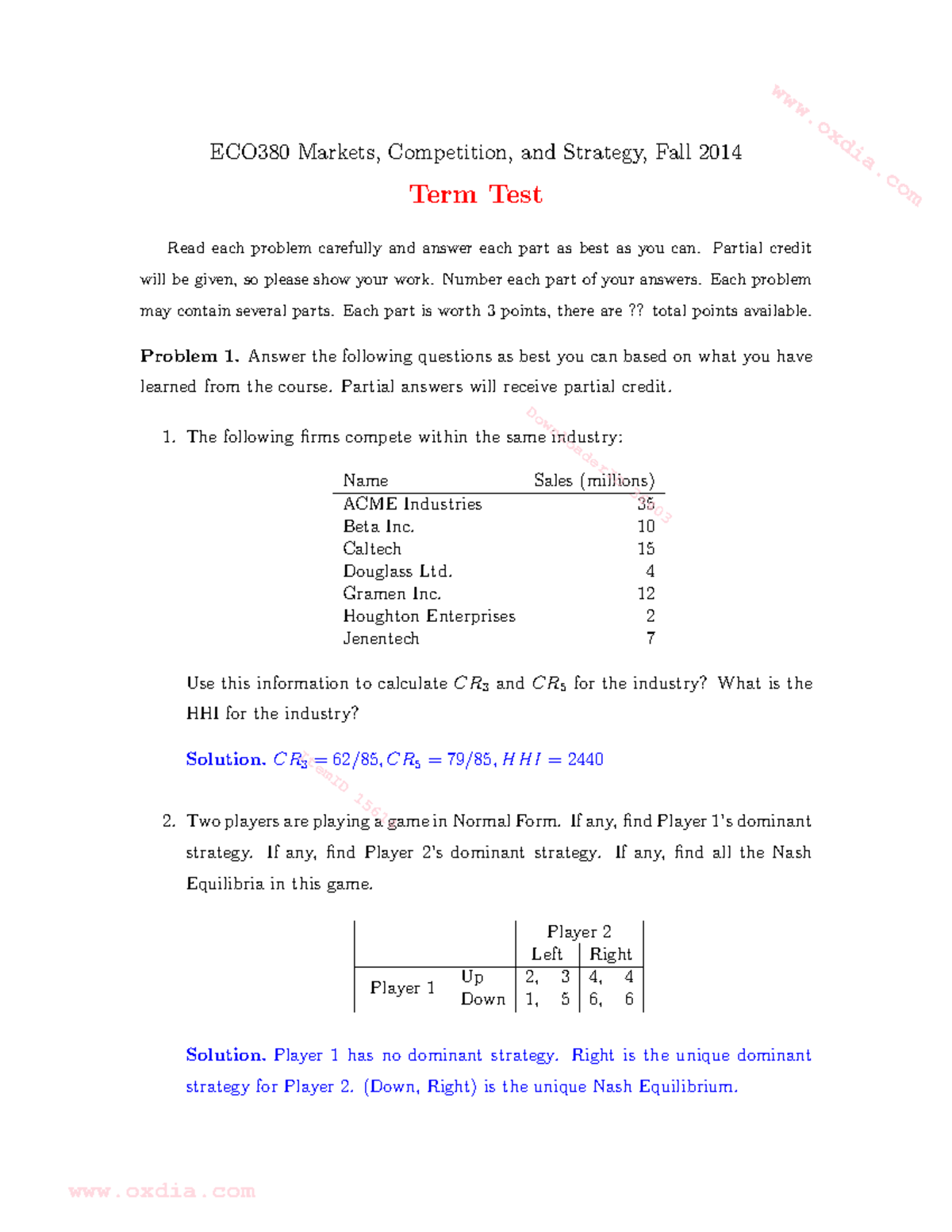 Midterm 2014 - test - ECO380 Markets, Competition, and Strategy, Fall ...