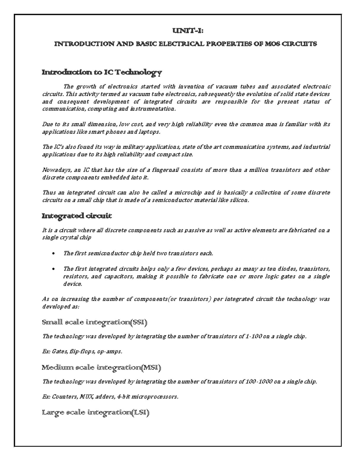 VLSI unit-1 - UNIT-I: INTRODUCTION AND BASIC ELECTRICAL PROPERTIES OF MOS CIRCUITS Introduction ...