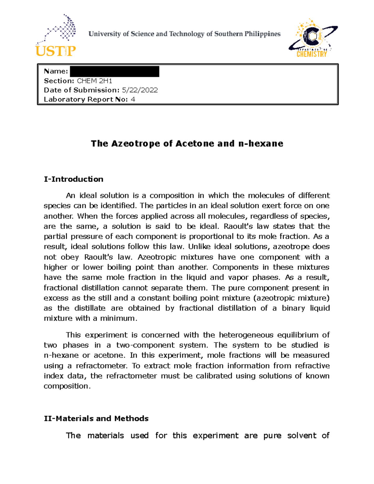 The Azeotrope of Acetone and n-hexane Lab Report - Name: WASIL, KAYE ...