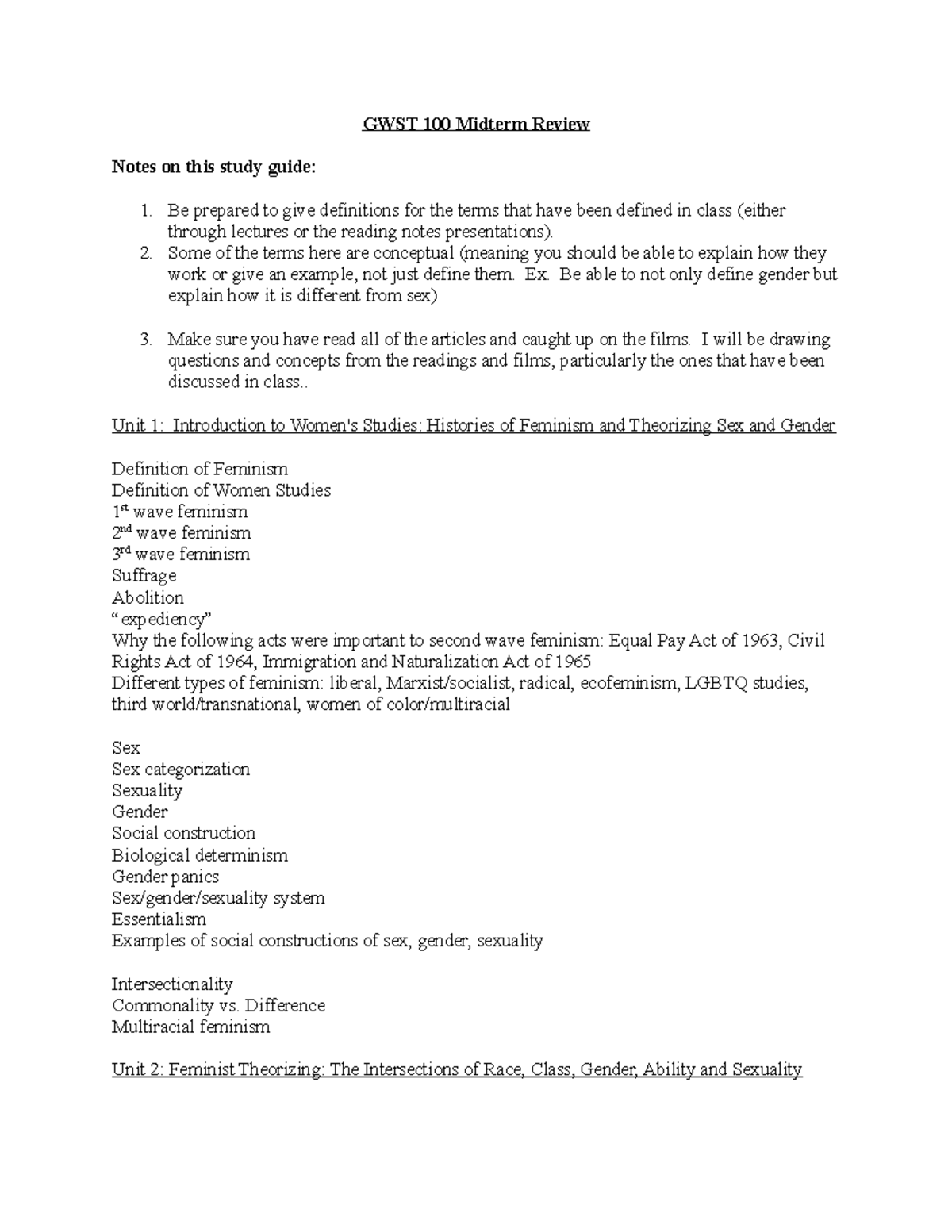 GWST 100 Midterm Review Sheet - GWST 100 Midterm Review Notes on this ...