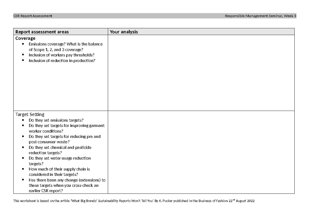 CSR Report assessment worksheet - CSR Report Assessment Responsible ...