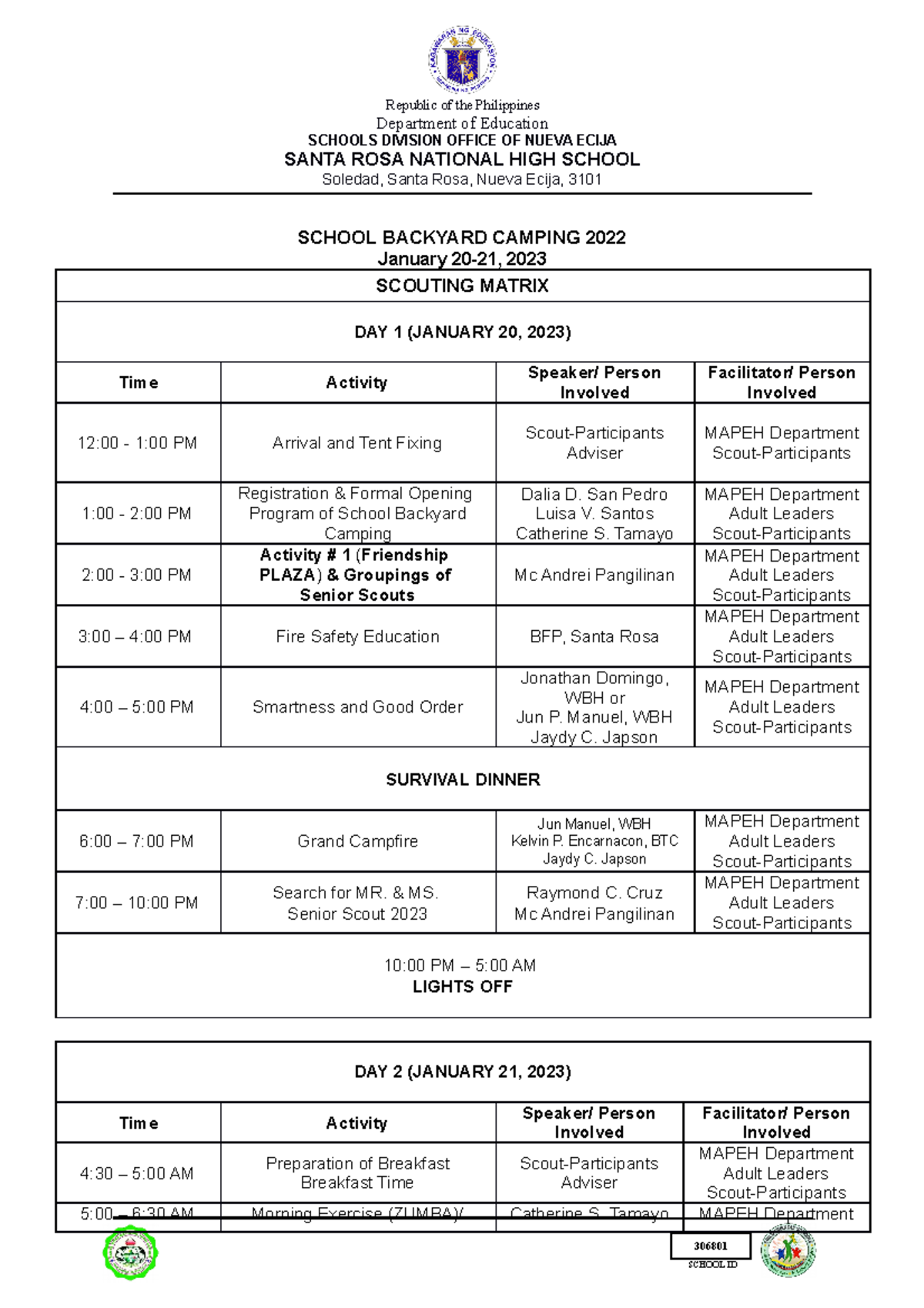 BSP Training Matrix 2023 NEW Version - Republic of the Philippines Department of Education ...