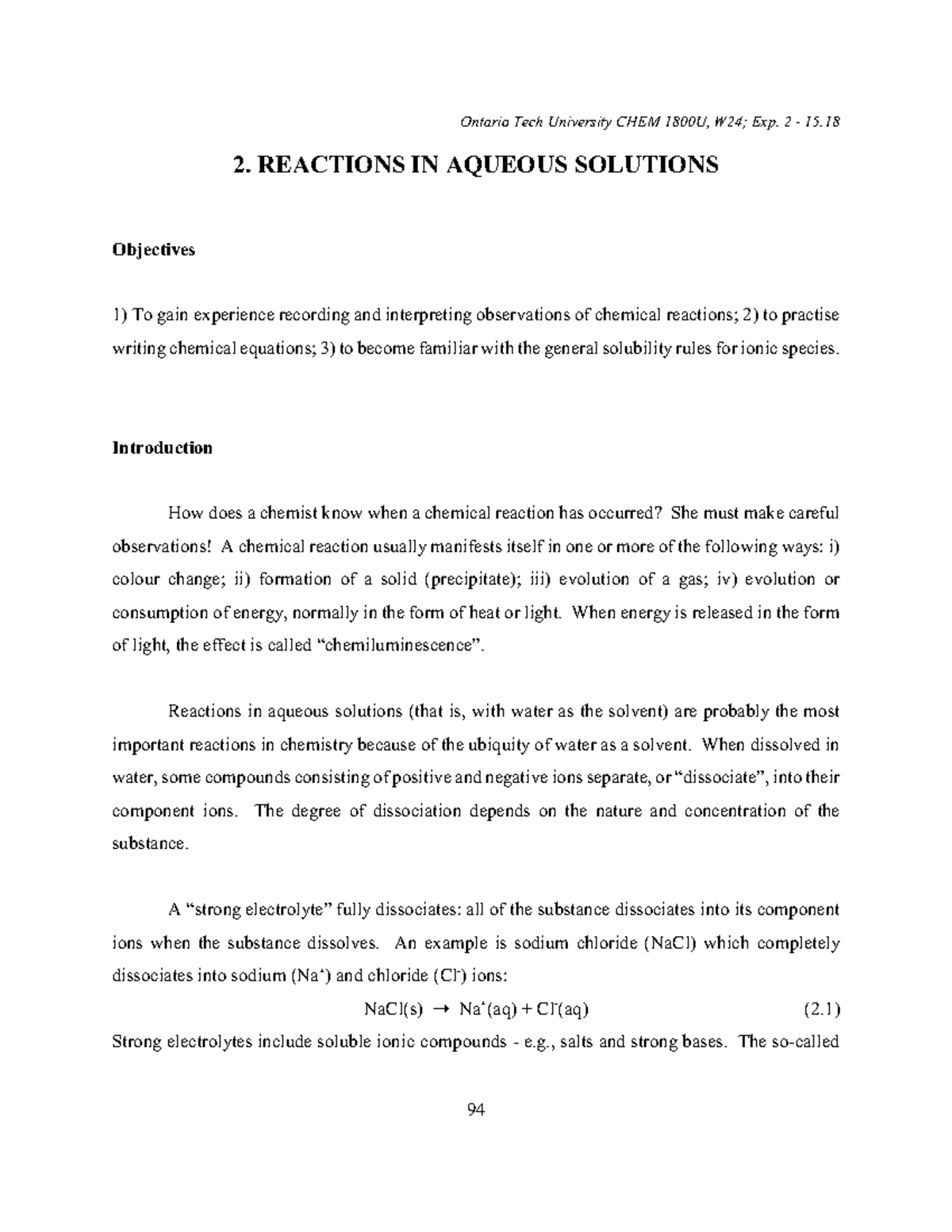 Chem 1800 Lab 2 - Lab 2 manual - 2. REACTIONS IN AQUEOUS SOLUTIONS ...