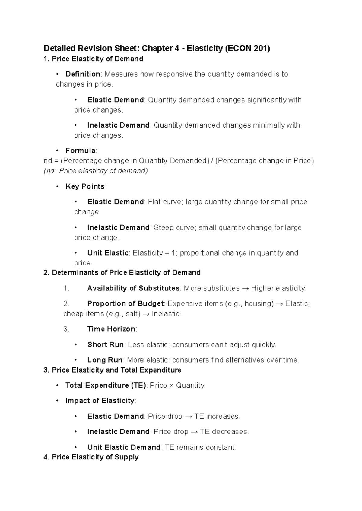 CHAPTER 4 SUMMARY - Detailed Revision Sheet: Chapter 4 - Elasticity (ECON 201) Price Elasticity ...
