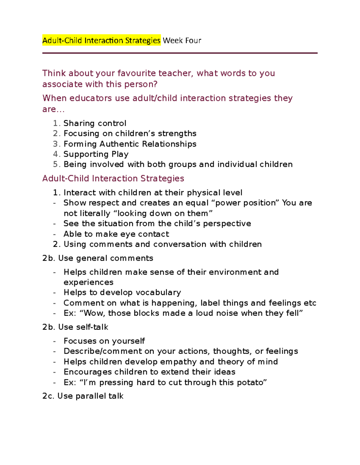 Adult child interaction strategies Week Four - Adult-Child Interaction ...