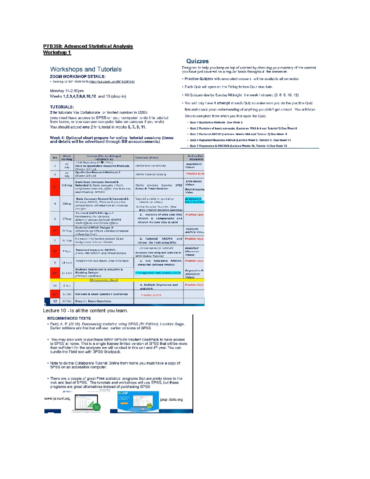PYB350 Advanced Statistical Analysis - PYB350: Advanced Statistical Analysis Workshop 1 Lecture ...