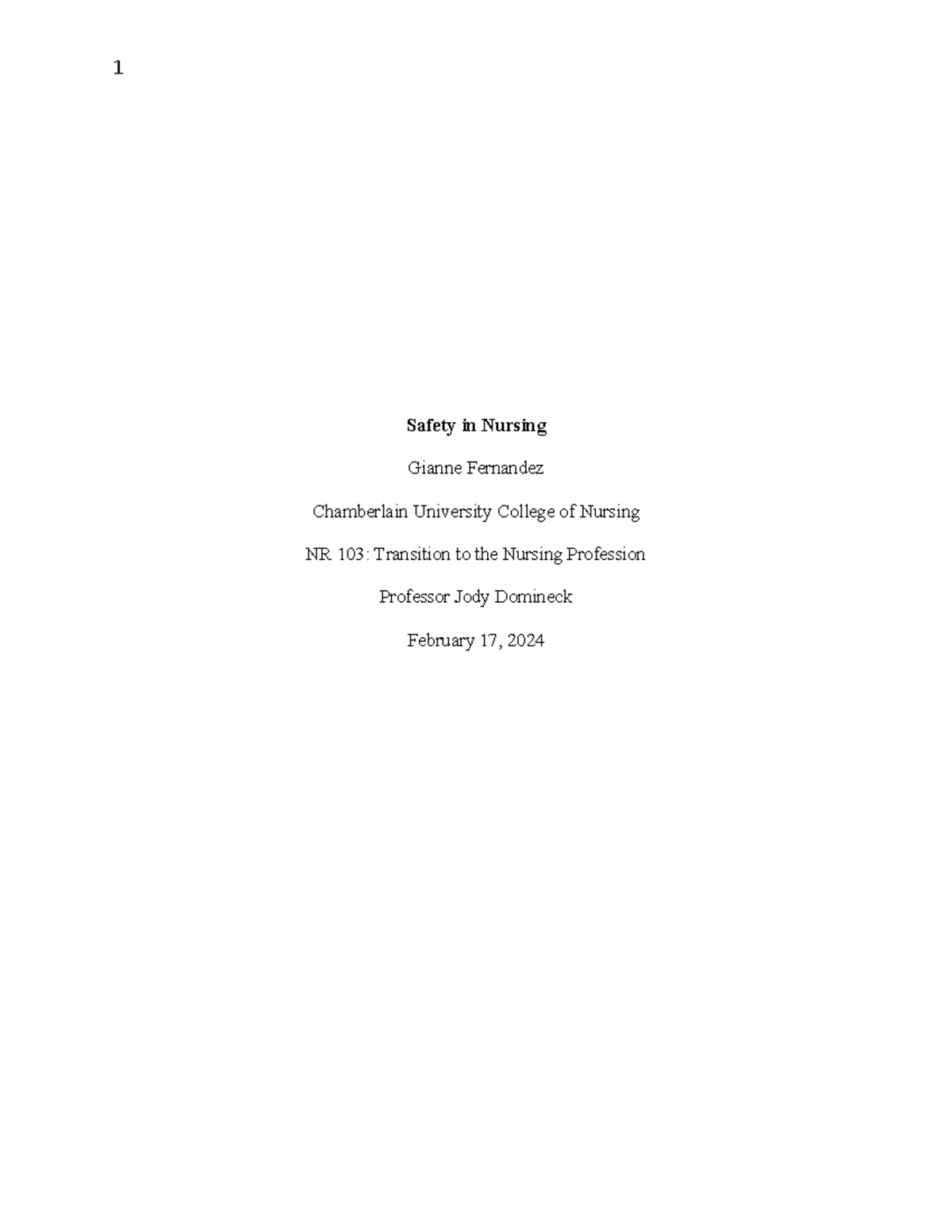 RUA Paper-NR 103 Week 6 - Safety in Nursing Gianne Fernandez ...