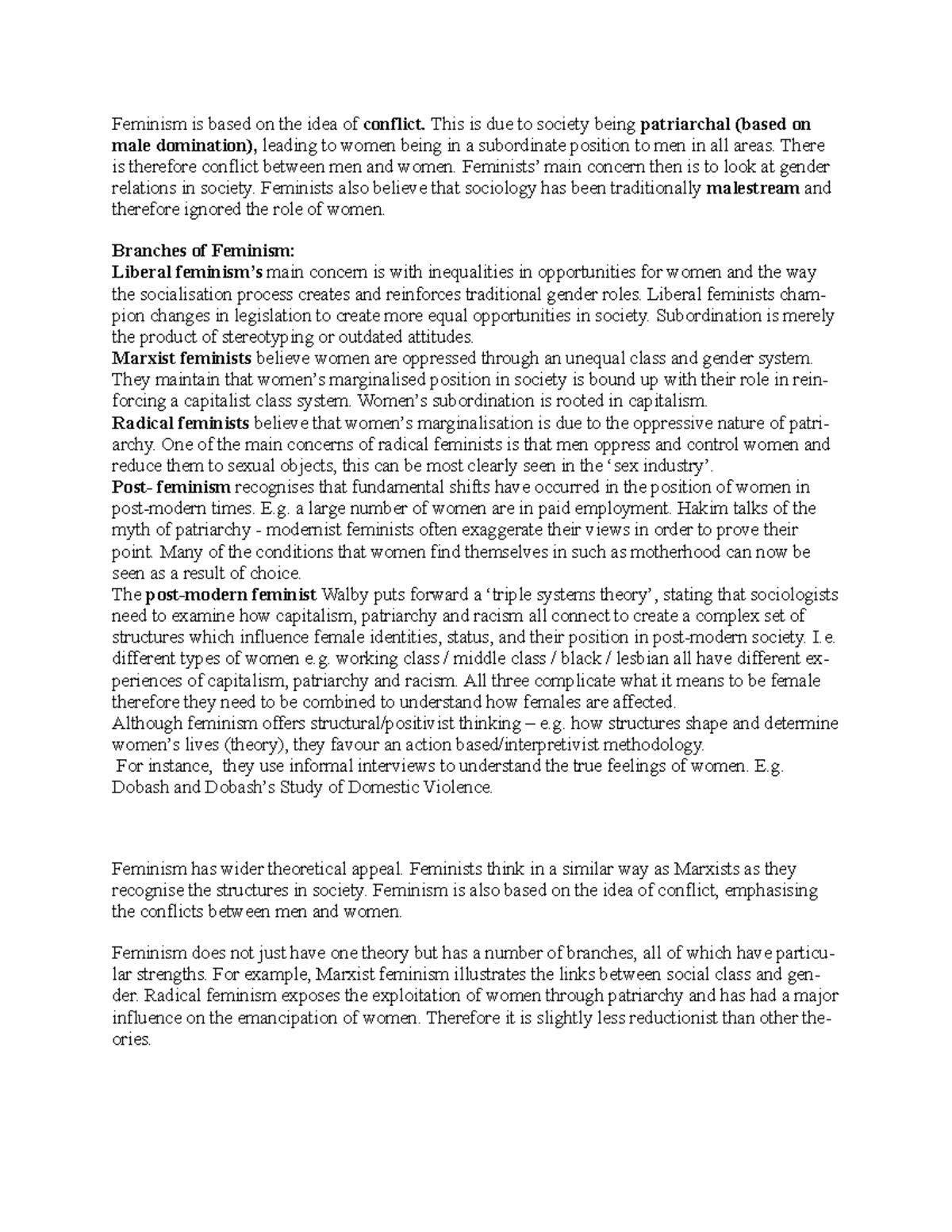 Fem theory lecture notes - Feminism is based on the idea of conflict ...