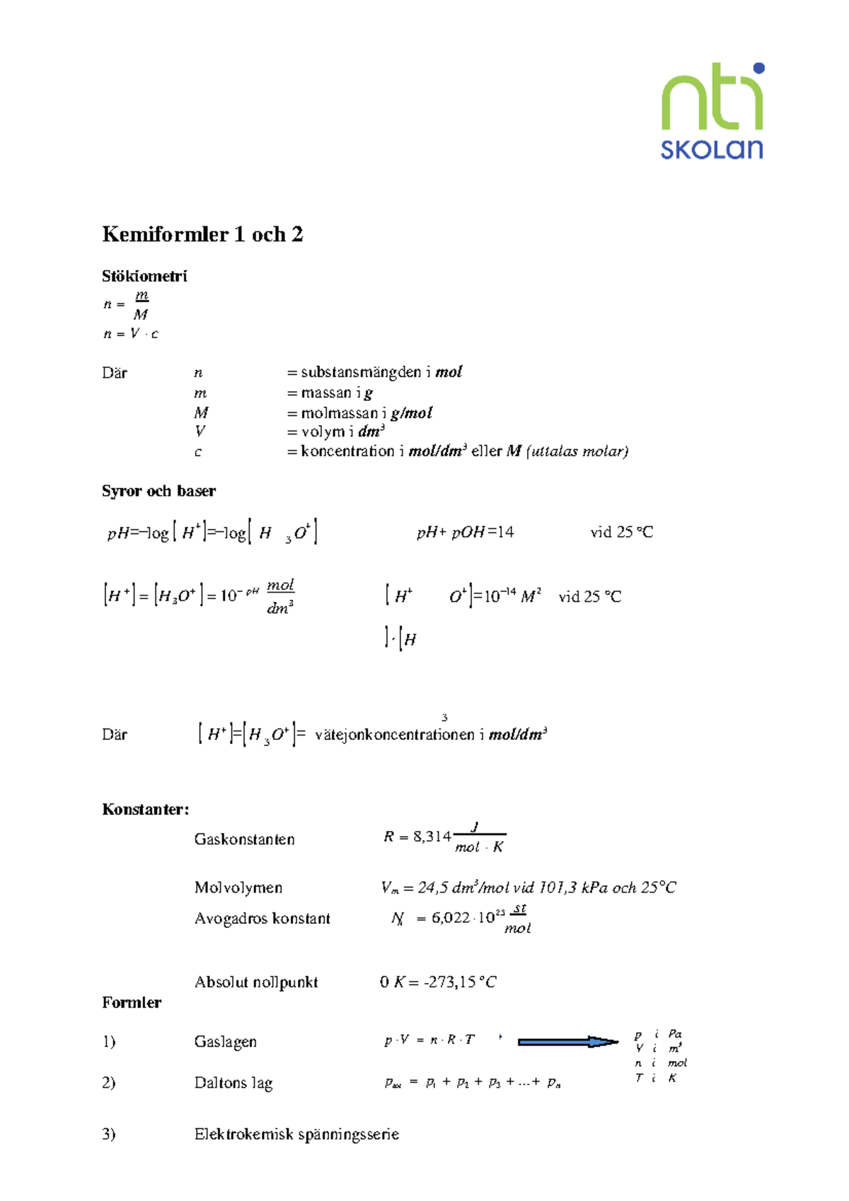 Formelblad-2 - 3 3 3 3 Kemiformler 1 och 2 Stökiometri n m M n V c Där ...