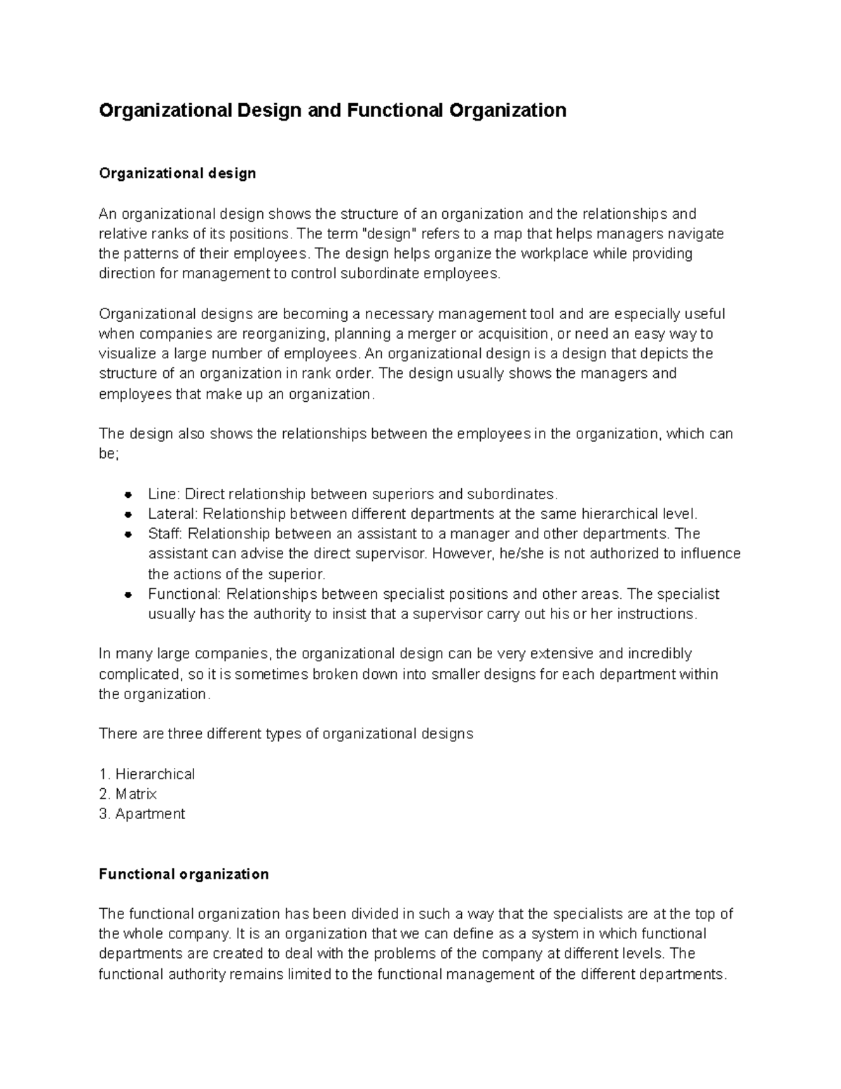 Organizational Design and Functional Organization - Organizational ...