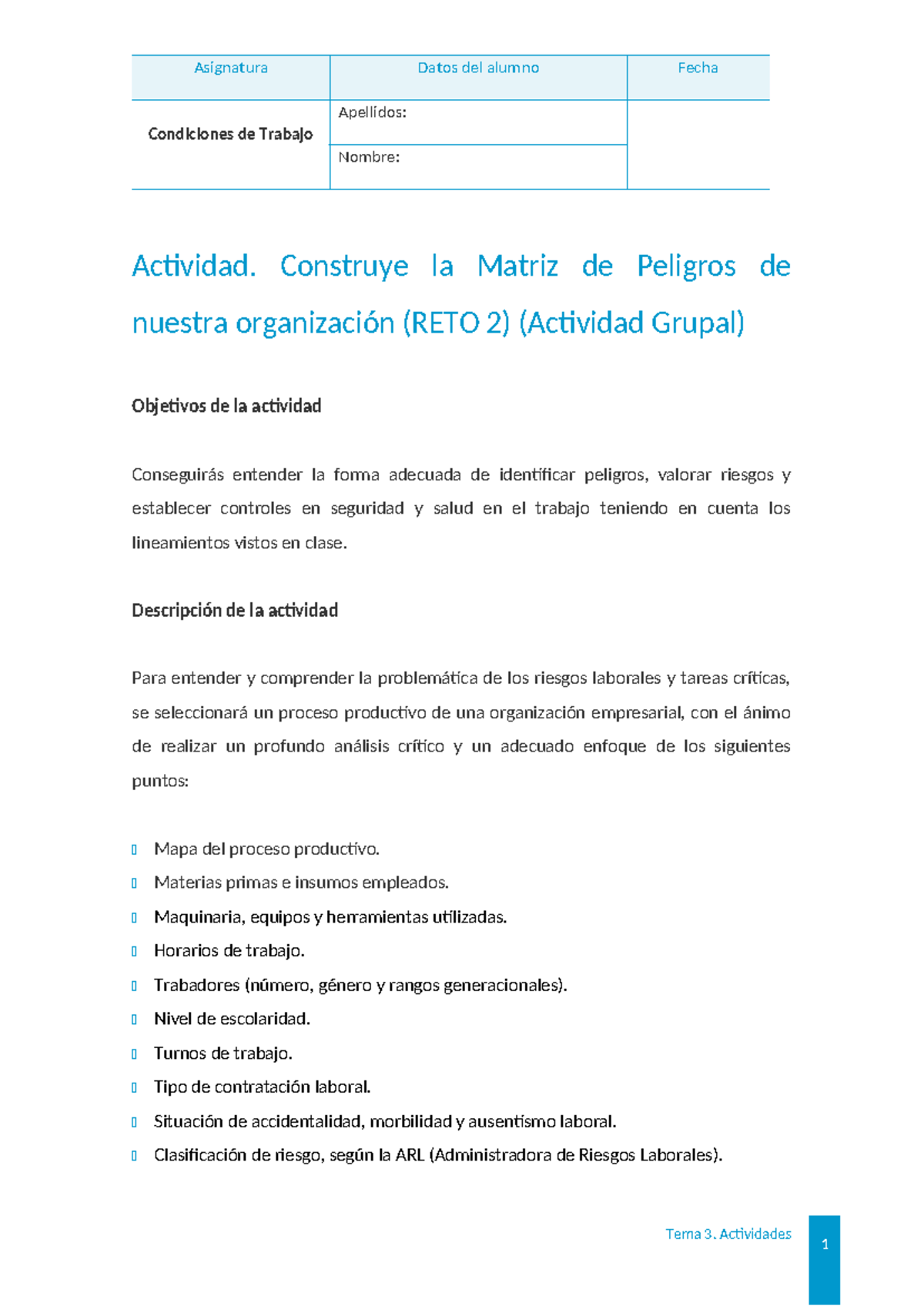 Actividad. Construye la Matriz de Peligros de nuestra organización (RETO 2) (Actividad Grupal ...