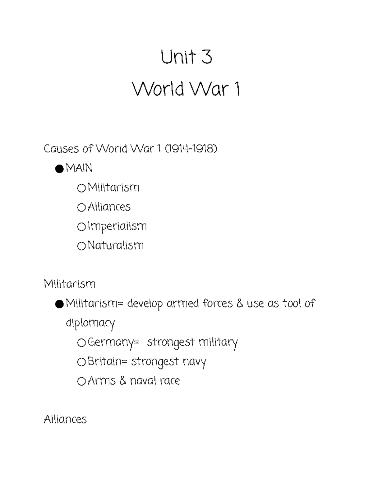 Unit 3 - notes - Unit 3 World War 1 Causes of World War 1 (1914-1918 ...