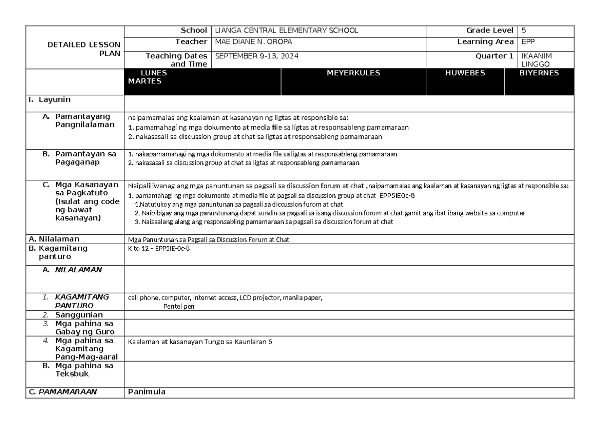 DLL-EPP- Entrep-ICT-Q1 WEEK-6 - DETAILED LESSON PLAN School LIANGA CENTRAL ELEMENTARY SCHOOL ...