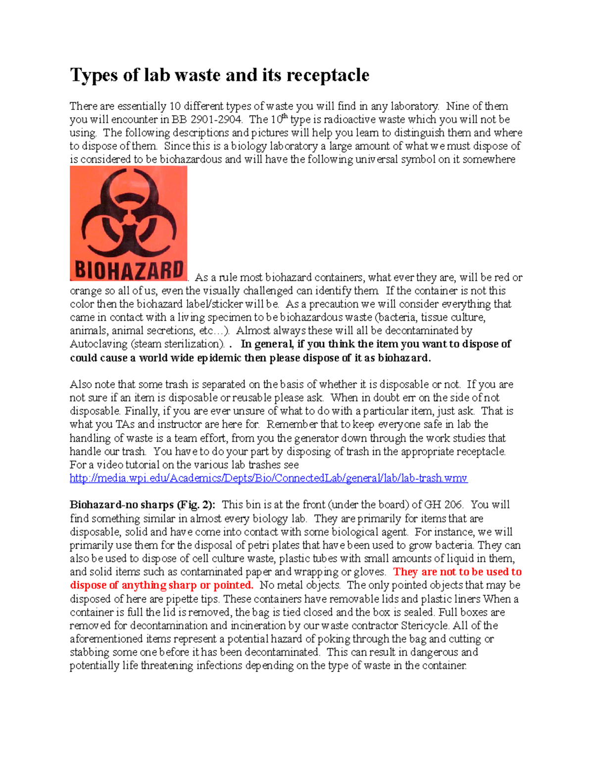 Lab Safety, trash, various biohazard receptacles - Types of lab waste ...