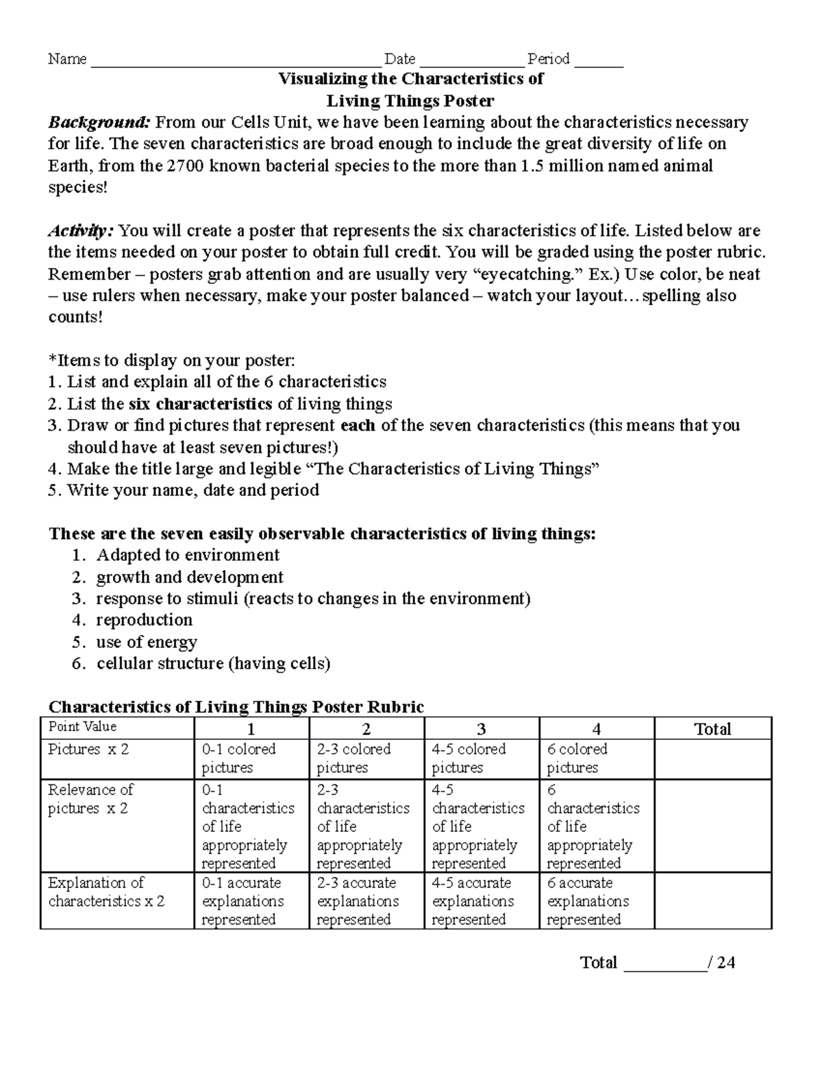 Characteristics of Living Things Project - Name ...