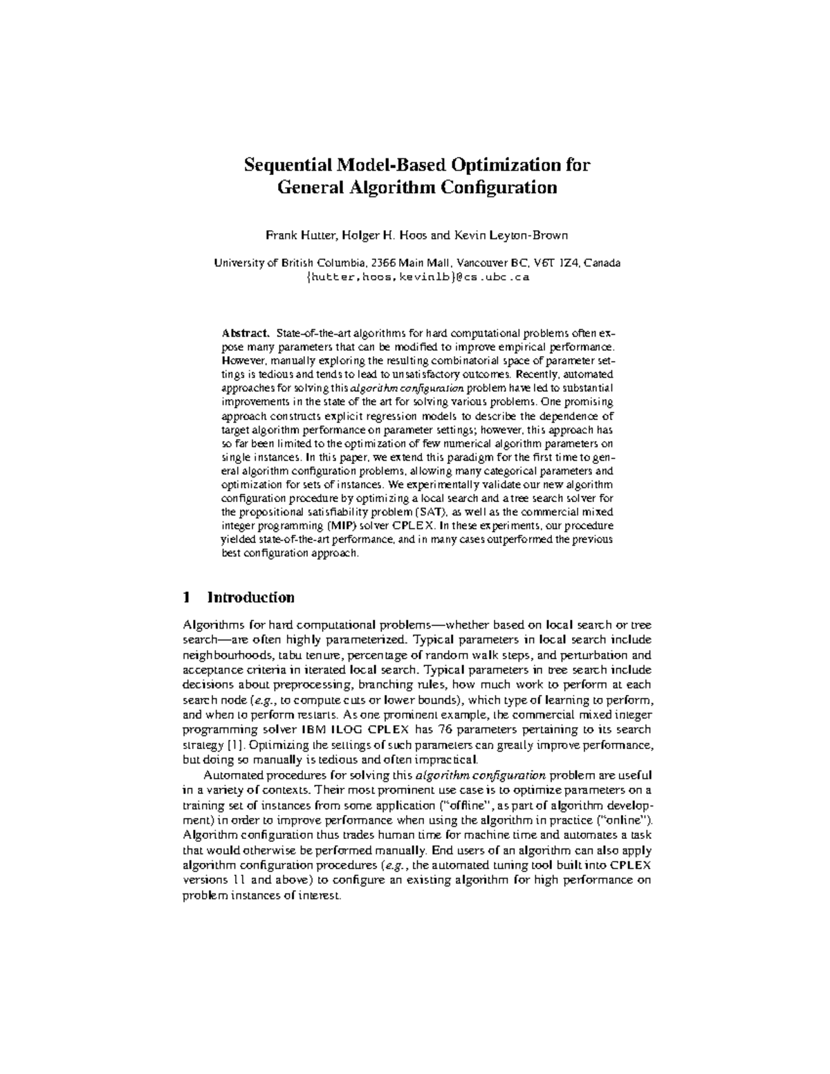 Sequential Model Based Optimization For General Algorithm Configuration Sequential Model Based