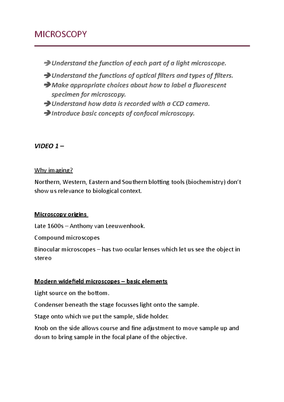 Microscopy - Lecture notes 15 - MICROSCOPY Understand the function of ...