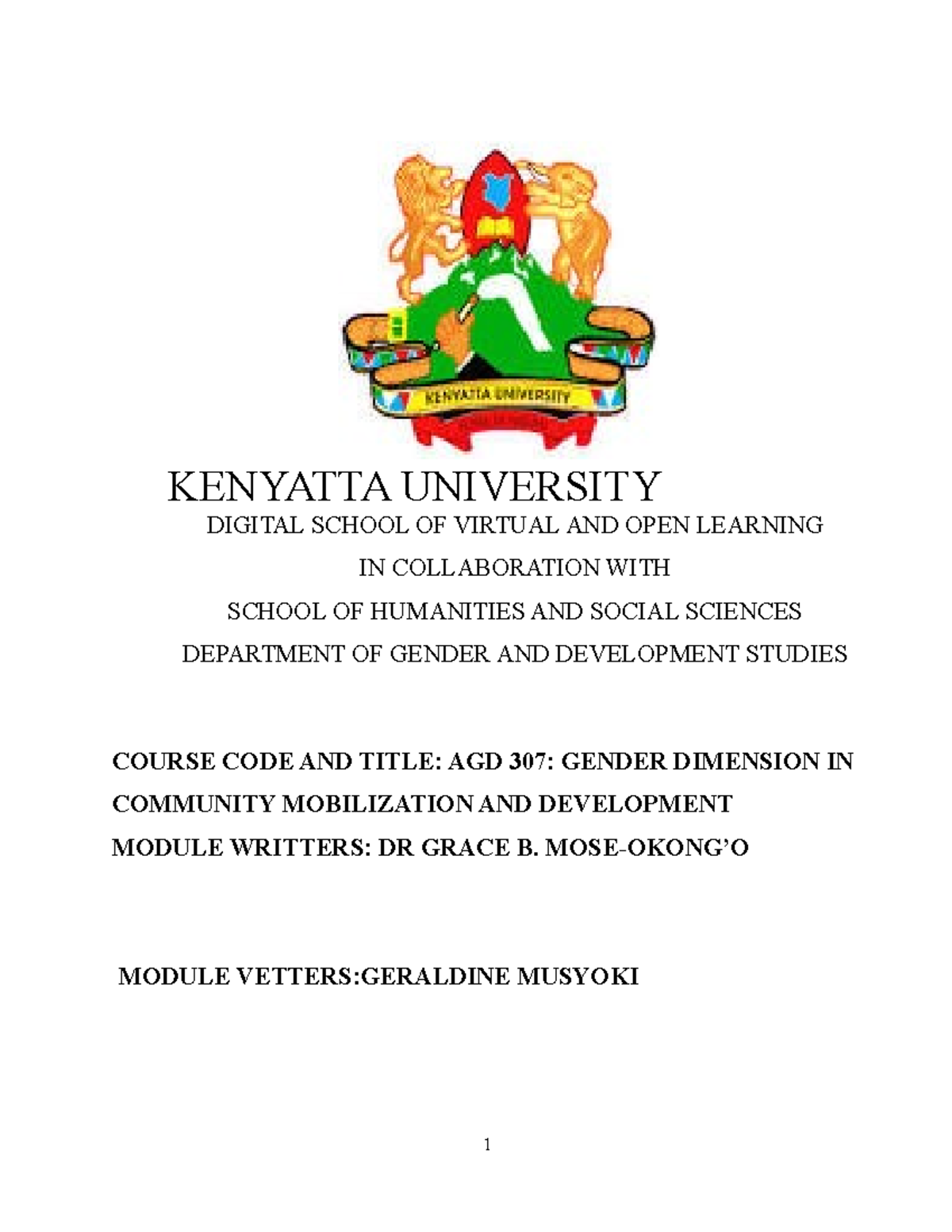 AGD 307 Module Final-2017 - KENYATTA UNIVERSITY DIGITAL SCHOOL OF VIRTUAL AND OPEN LEARNING IN ...