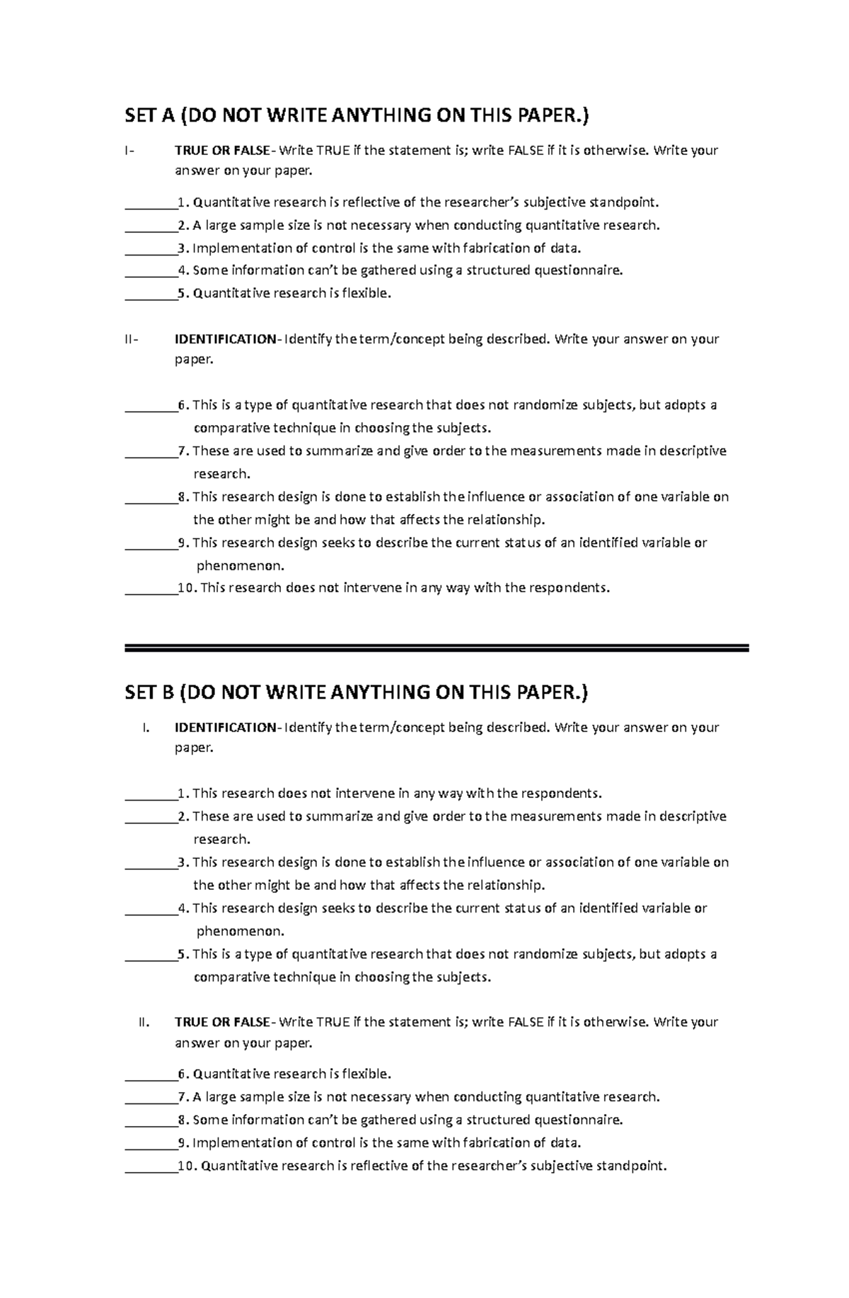 Lecture Notes Research - SET A (DO NOT WRITE ANYTHING ON THIS PAPER.) I ...