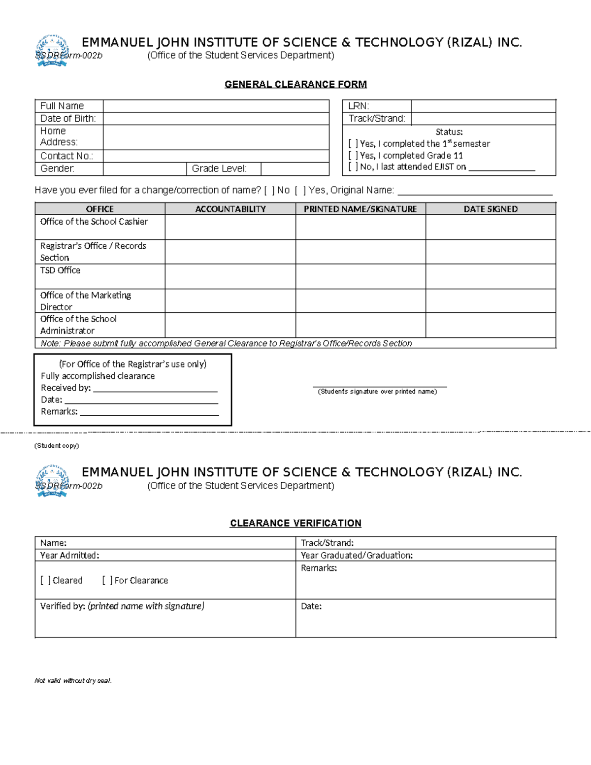 Form 2b General Clearance Form for undergraduate - EMMANUEL JOHN ...