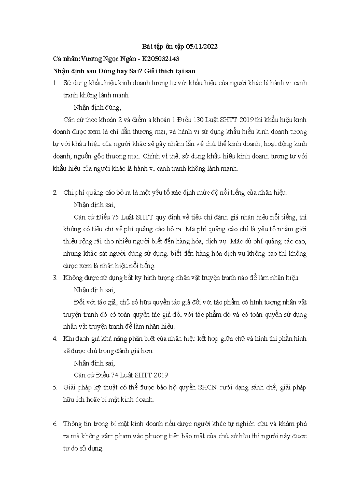 Bài tập nhận định ôn tập (05112022) - Bài tập ôn tập 05/11/ Cá nhân ...