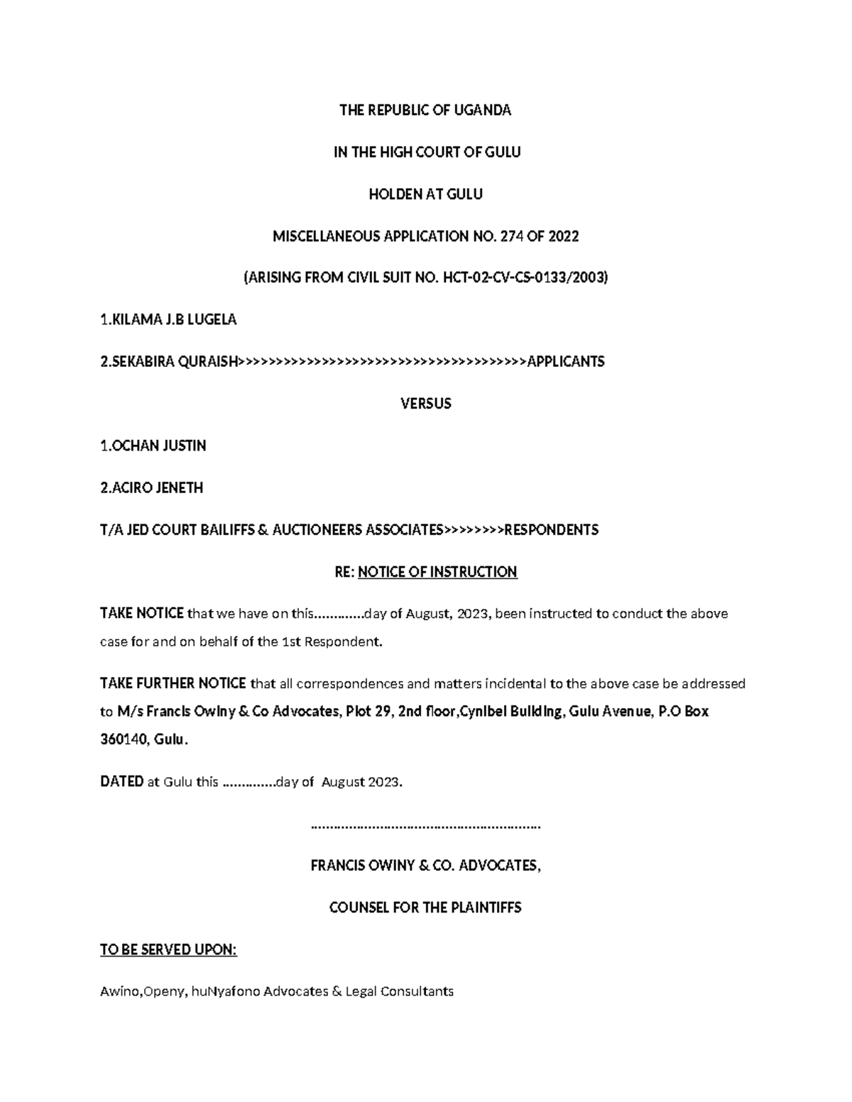 Notice OF Instruction - THE REPUBLIC OF UGANDA IN THE HIGH COURT OF ...