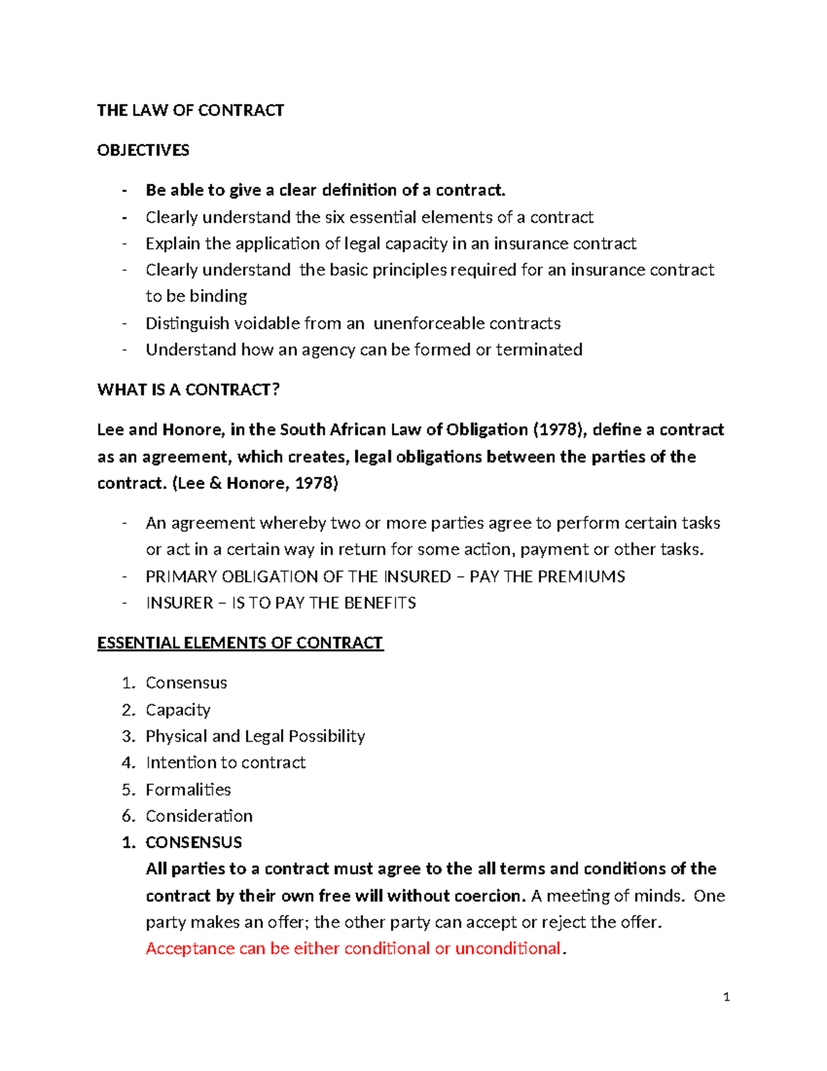 The Law of Contract - THE LAW OF CONTRACT OBJECTIVES Be able to give a ...