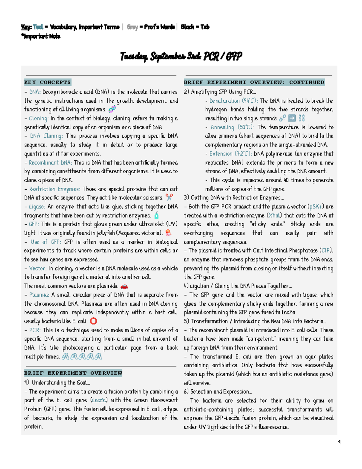 BIOL203 Lab #1 Notes - PCR - *Important Note Tuesday, September 3rd ...