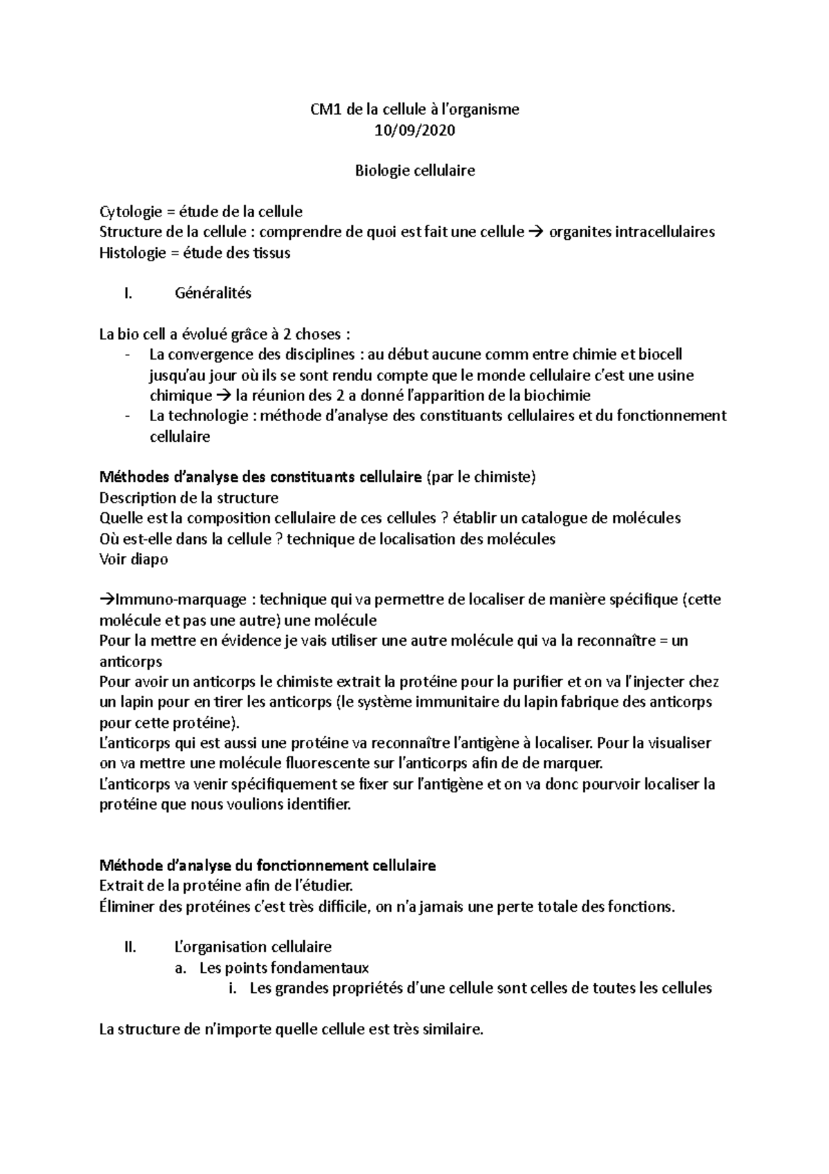 CM1 CAO biocell - Notes de cours 1 - CM1 de la cellule à l’organisme 10 ...