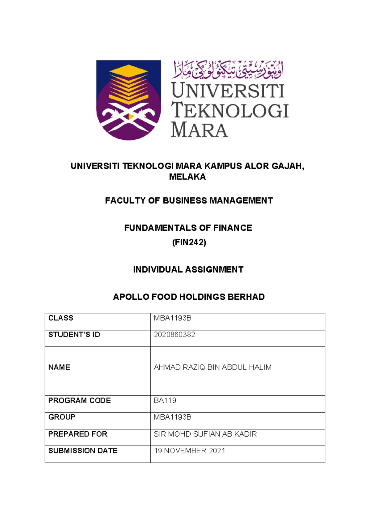 Individual Assignment FIN242 - Ahmad Raziq BIN Abdul Halim - UNIVERSITI ...
