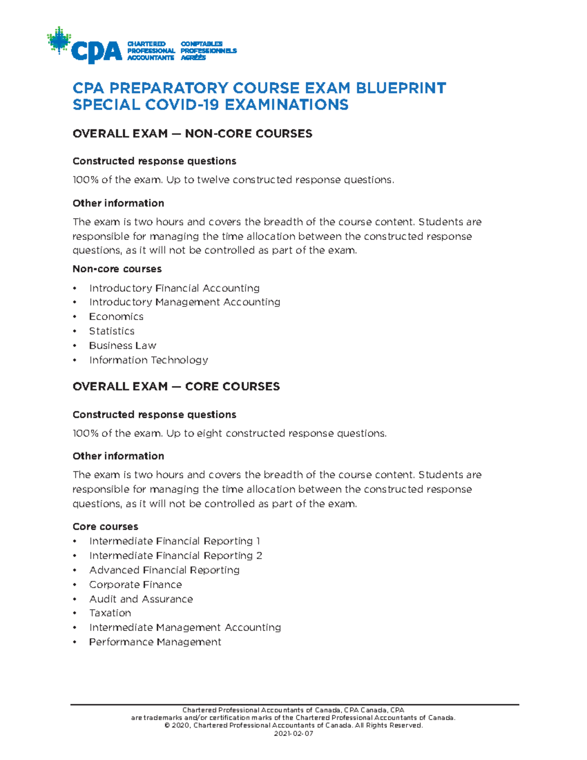 Canada CPA Preparatory-Exam-Blueprint - CPA PREPARATORY COURSE EXAM ...