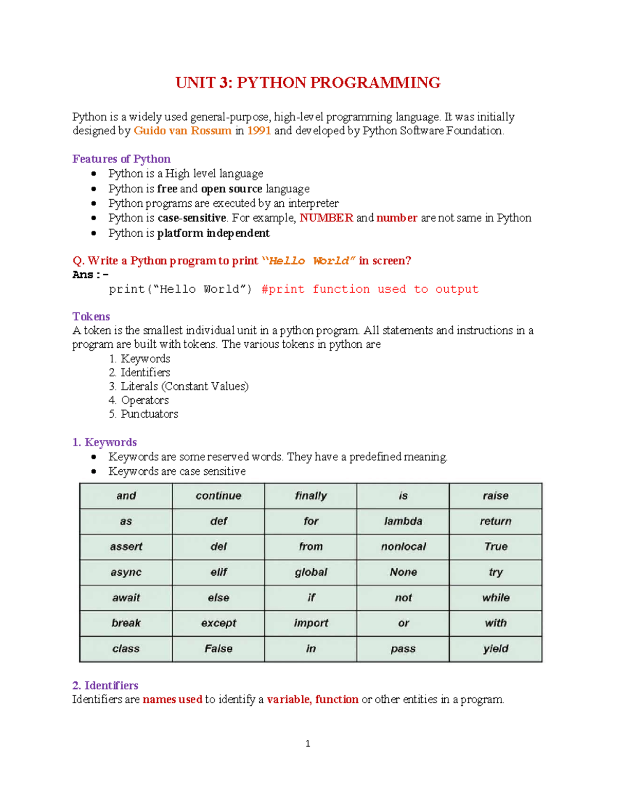 Unit 3 Python Programming Notes Unit 3 Python Is A Widely Used General Purpose High Designed