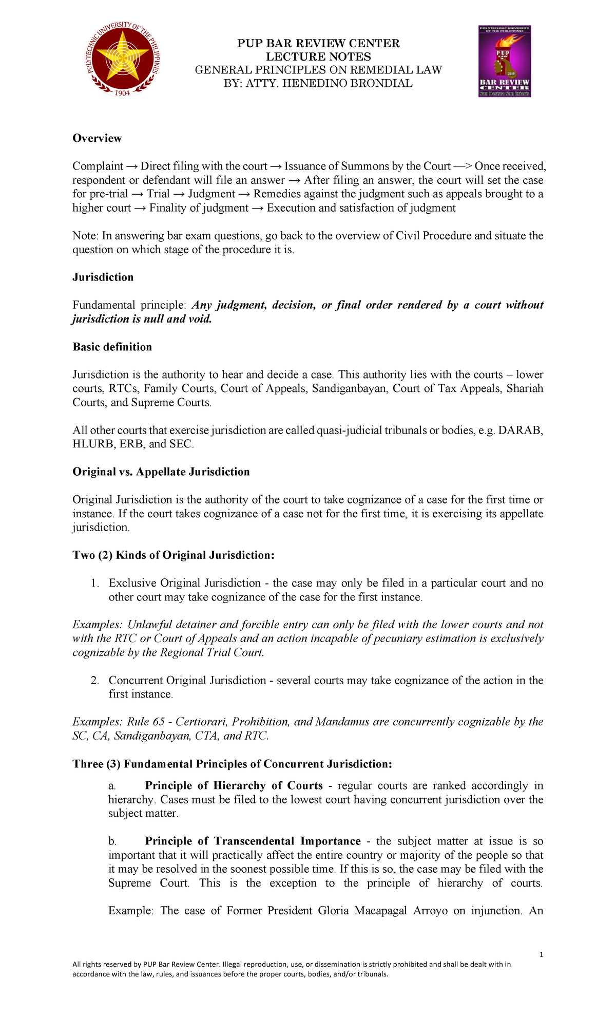 PBRC Lecture Notes General Principles on Remedial Law by Henedino ...