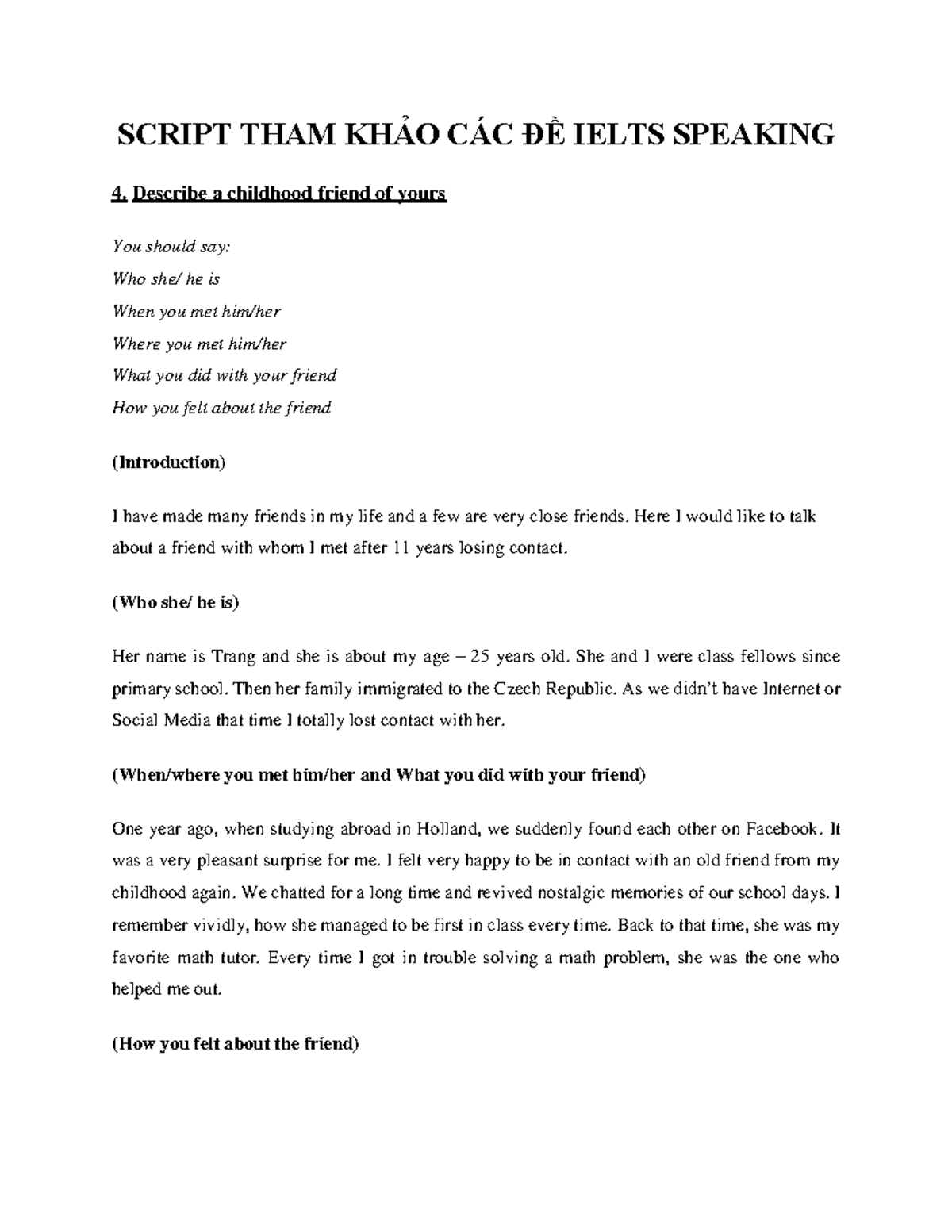 Tài liệu tham khảo các đề Ielts Speaking - SCRIPT THAM KHẢO CÁC ĐỀ ...