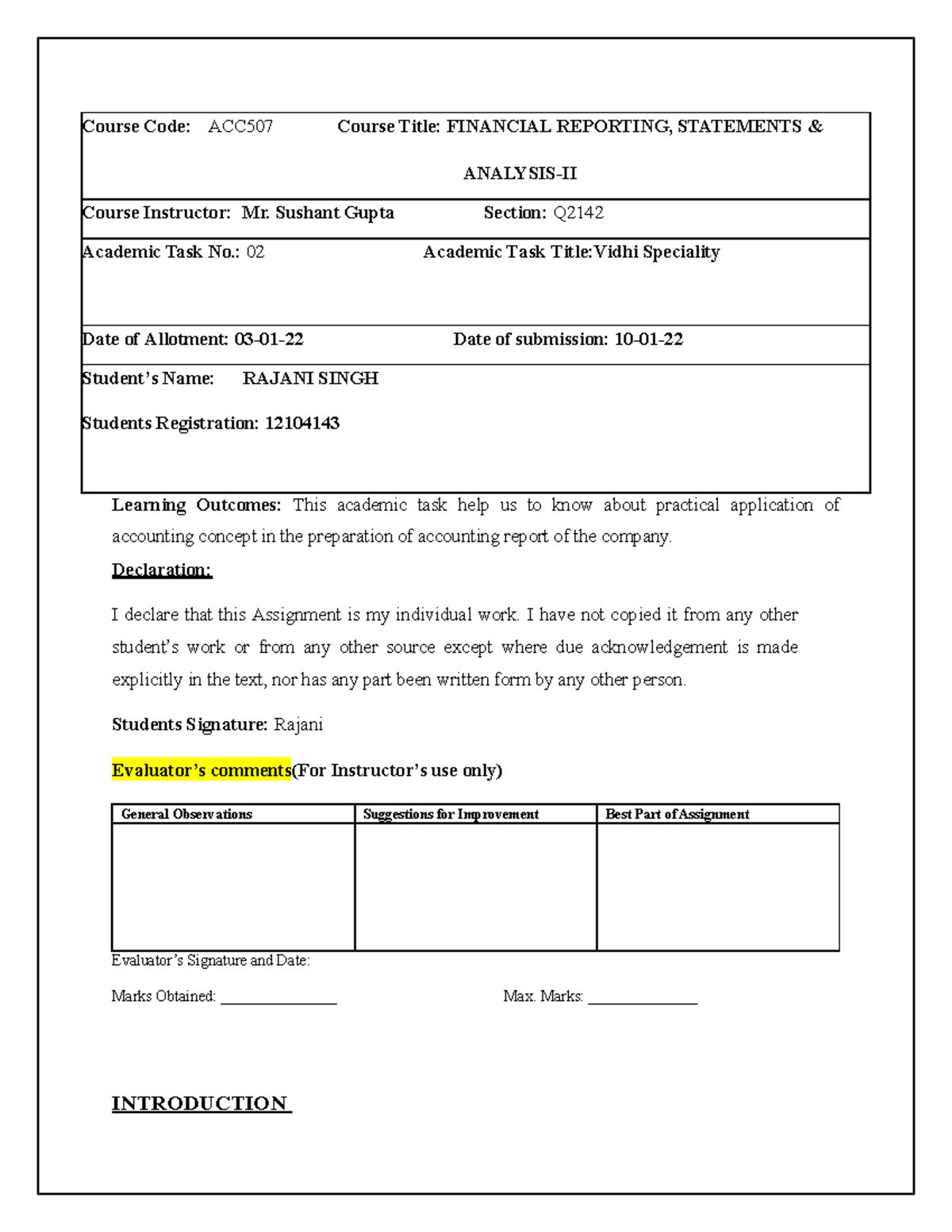 12104143 Accounts CA2 - Course Code: ACC507 Course Title: FINANCIAL ...