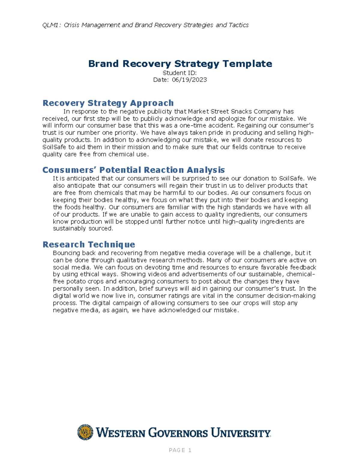 Task 2 - Brand Recovery Strategy D177 - QLM1: Crisis Management and ...